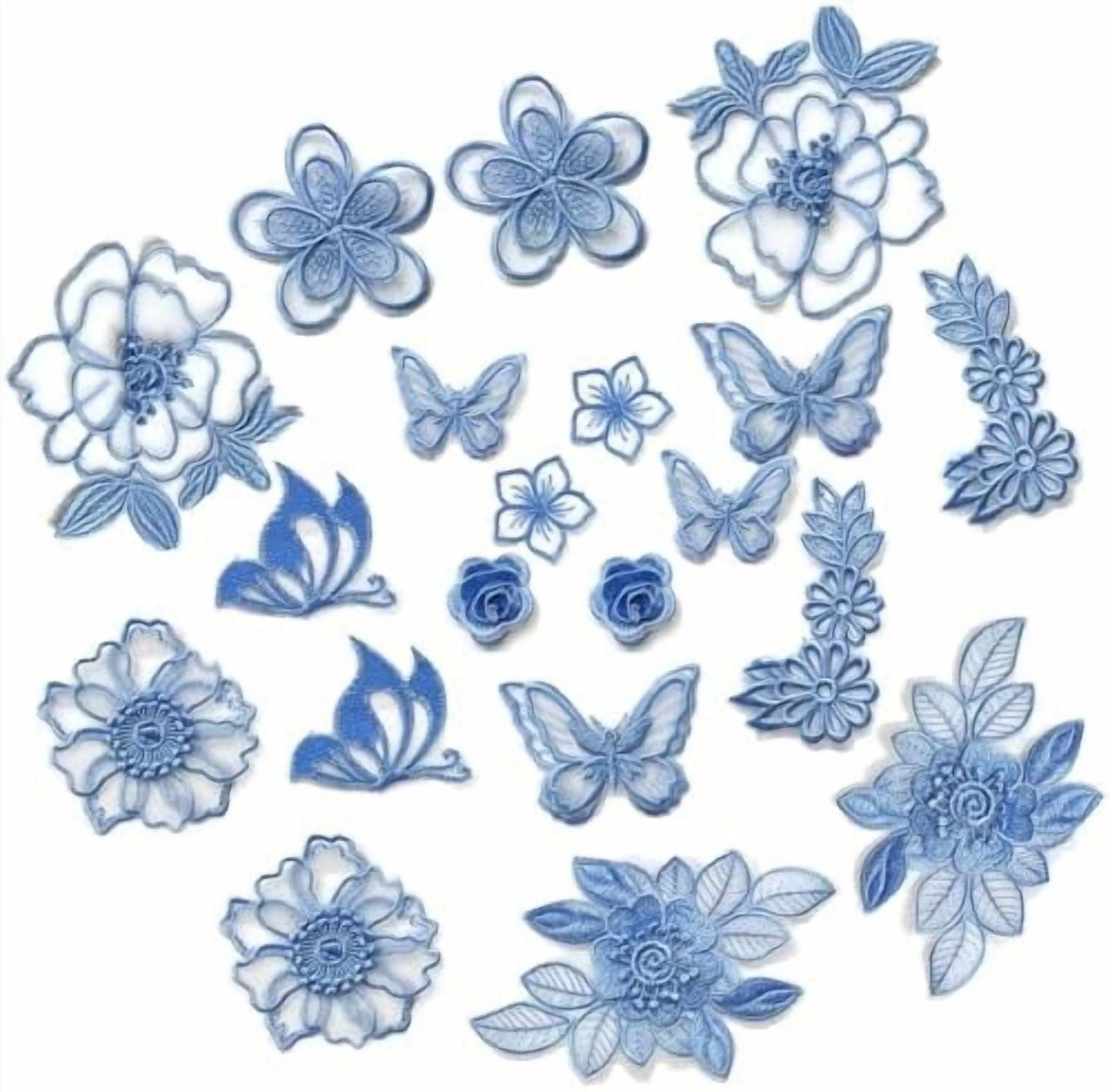 20PCS Blue Flower Lace Embroidered Appliques, 3D Butterfly Lace ...