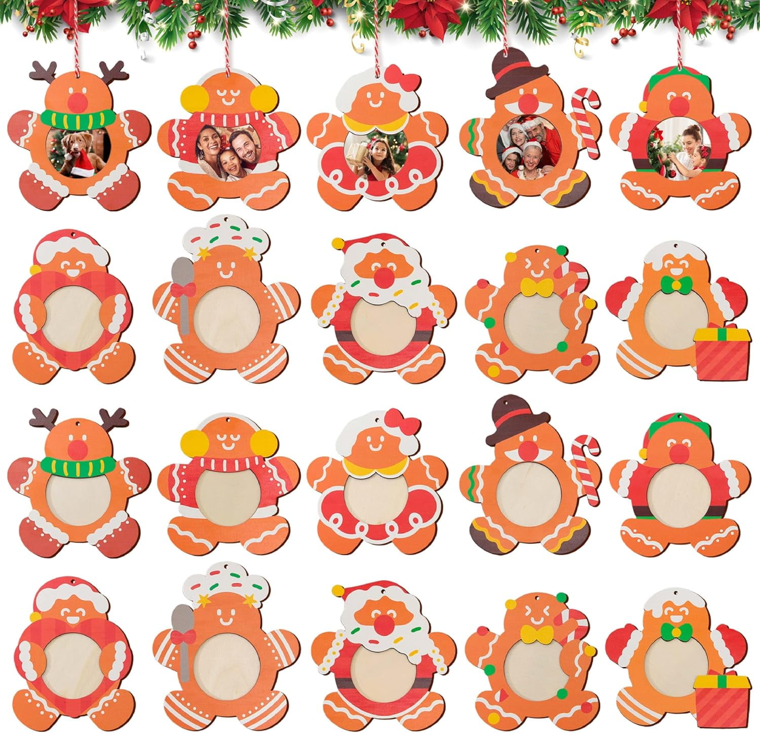 20PCS Christmas Picture Frame Ornaments, 10 Styles Wooden Gingerbread ...