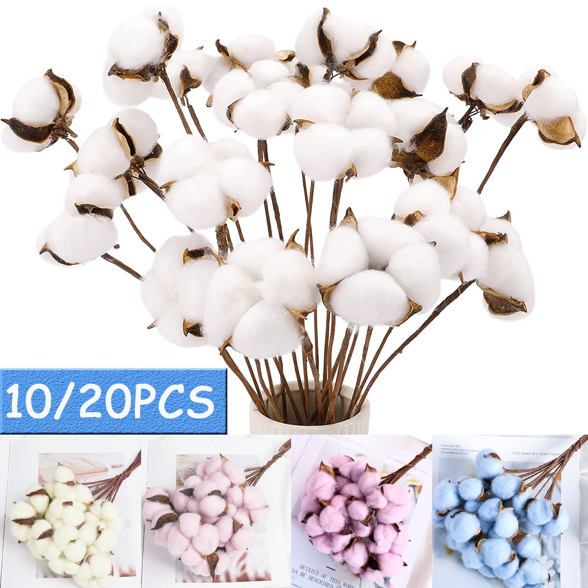 20PCS Cotton Stems, Cotton Flowers Dried Cotton Picks Stalks Plants ...