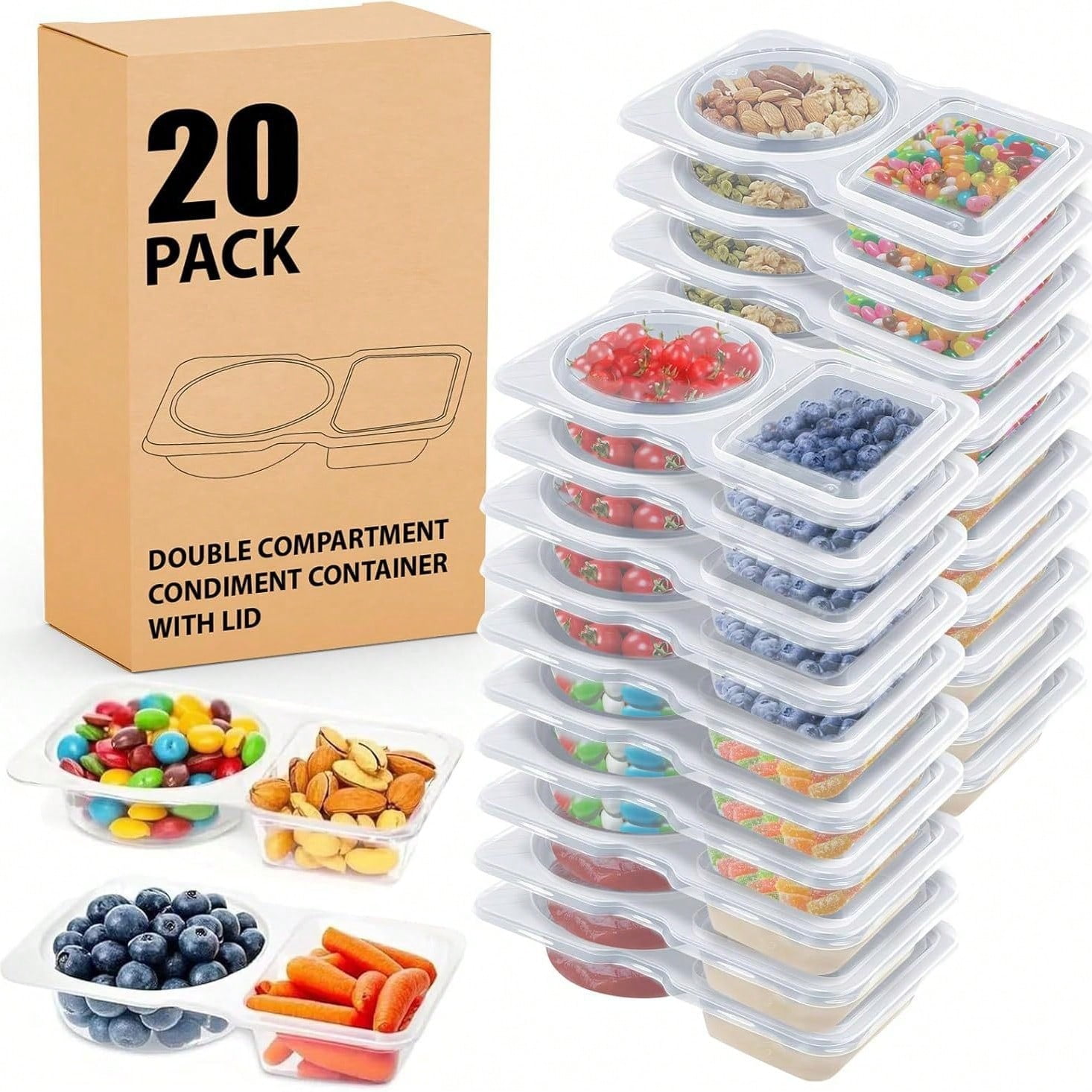 20PCS Double Compartment Condiment Container With Lids - Reusable Snack ...