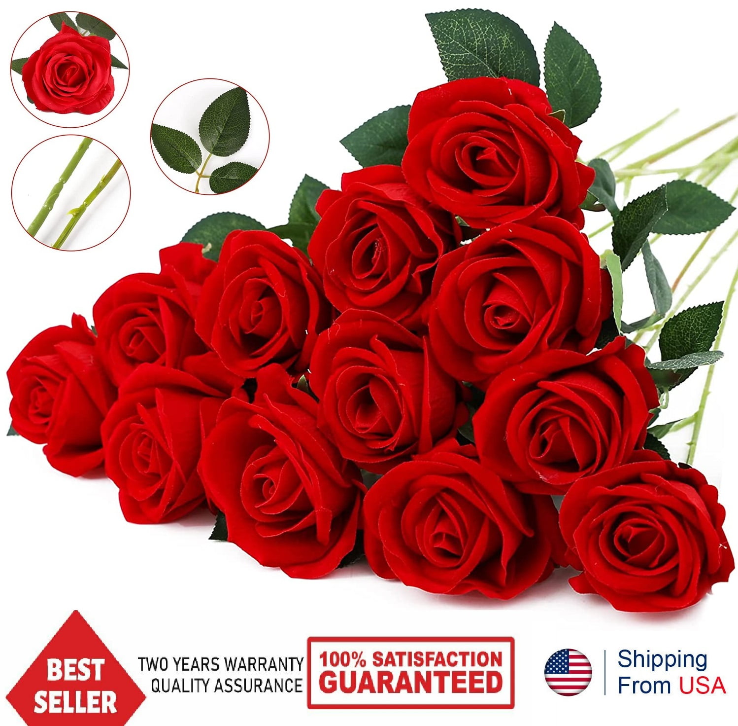 20PCS Fake Roses Artificial Flowers Red Roses with Long Stems Realistic ...