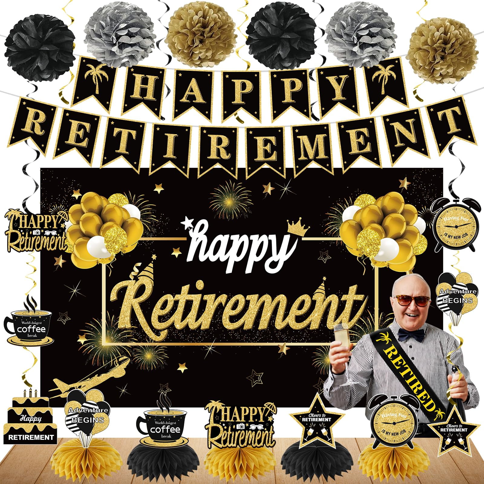20PCS Happy Retirement Party Decorations Kit for Men Kuxriox Black Gold ...