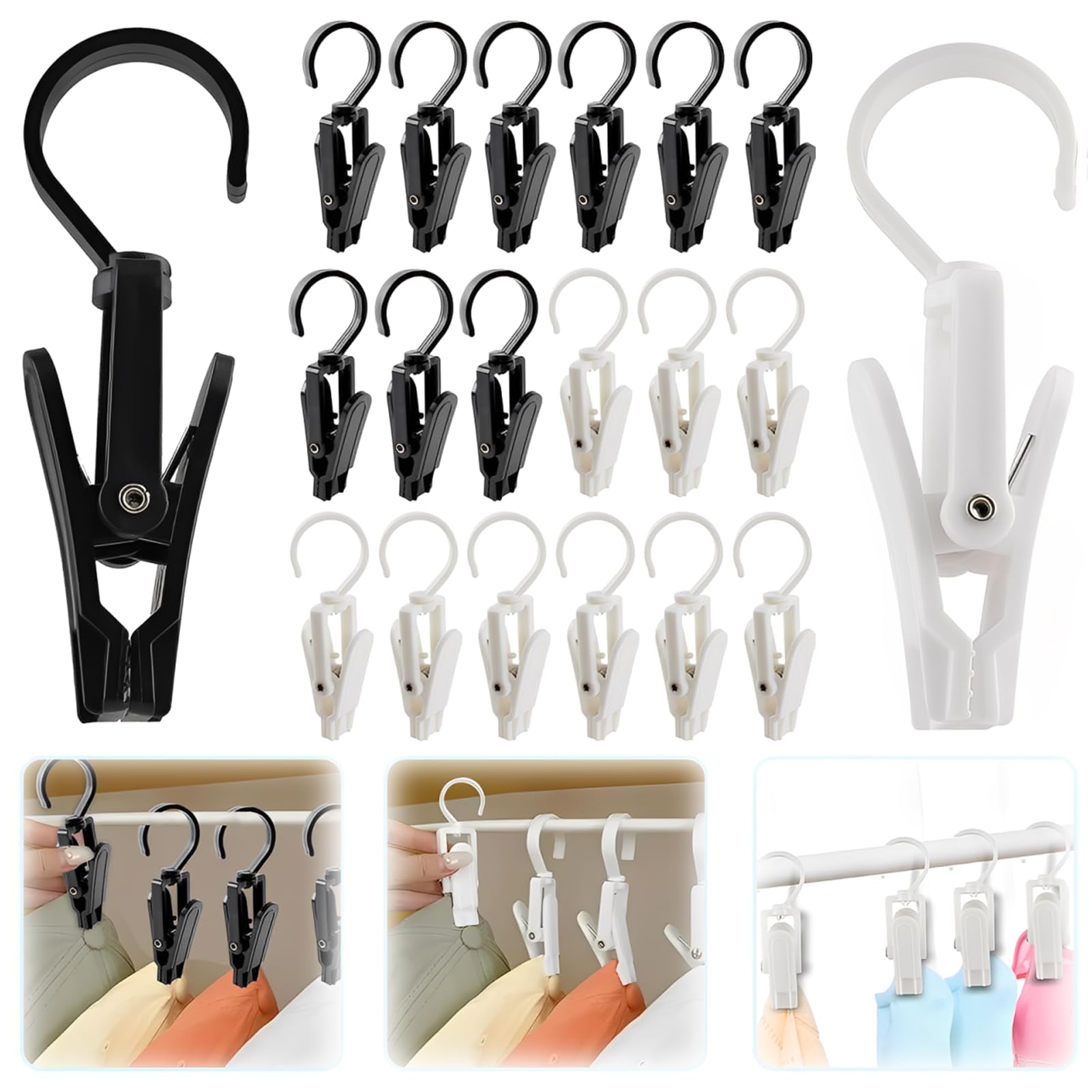 20PCS Laundry Hooks with Clips Super Strong Plastic Home Travel Swivel ...