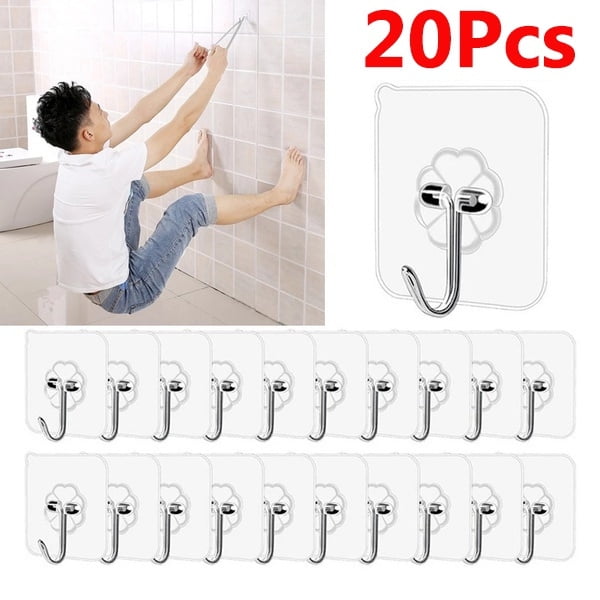 20PCS Self Adhesive Wall Hooks Heavy Duty Wall Hook Transparent Stick ...