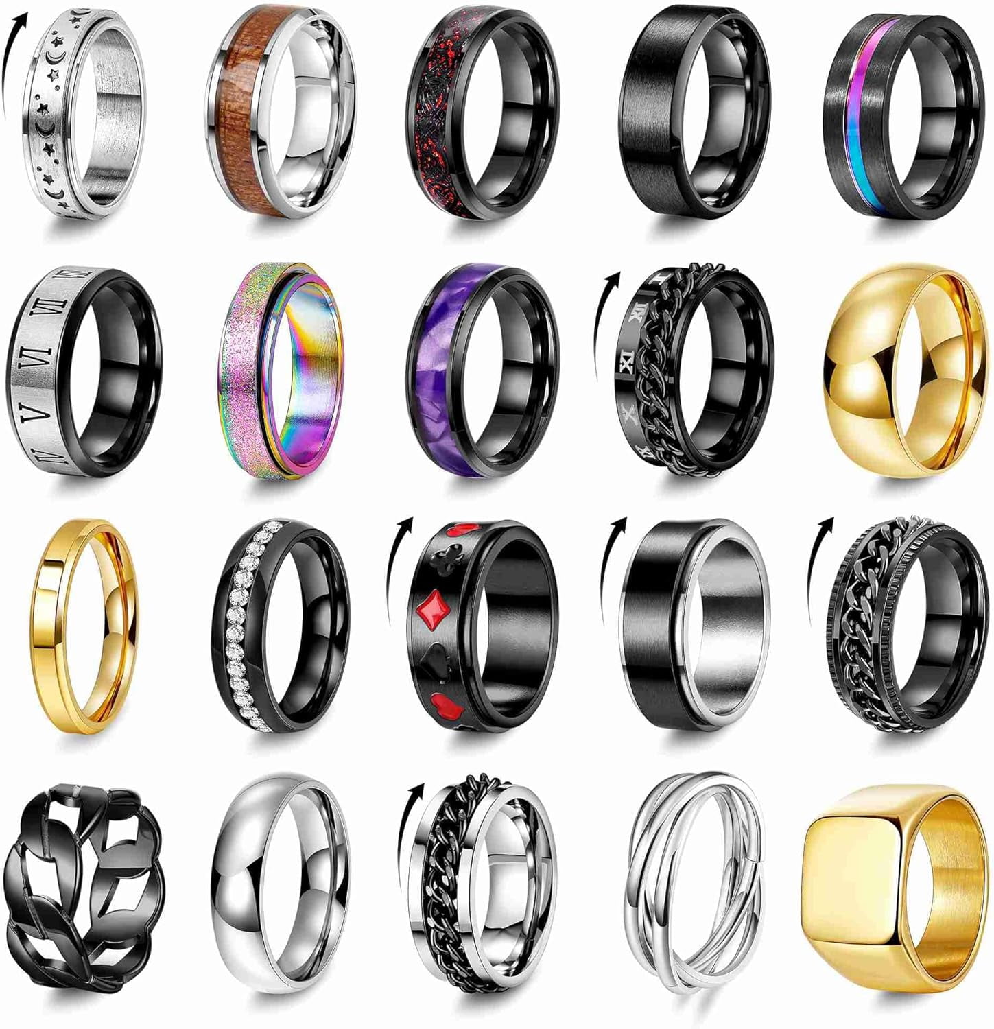 20PCS Stainless Steel Band Rings for Men Women Stress Anxiety Relief ...