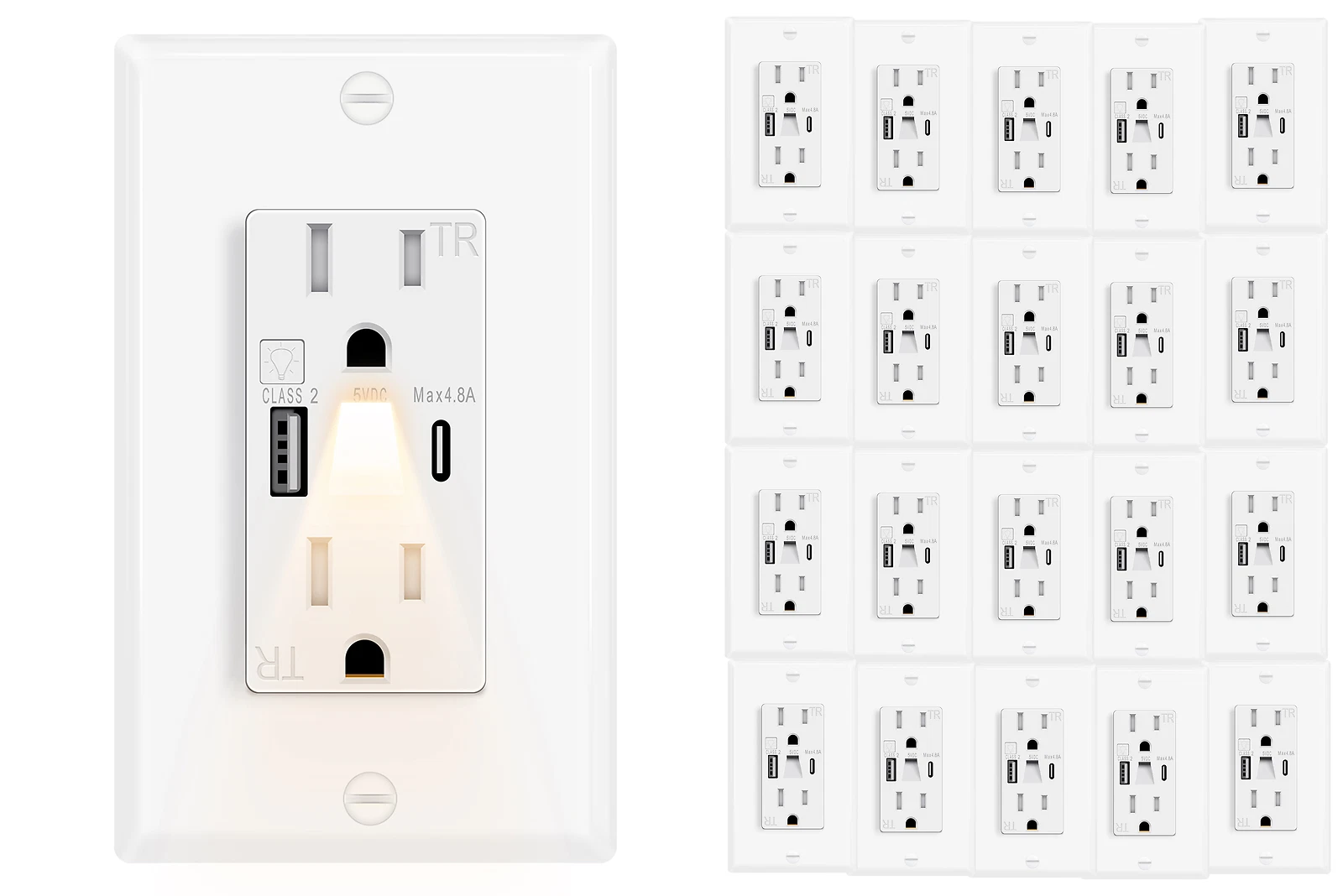 20PK USB A/C Ports Electrical Outlet with Night Lights,Wall Plate ...