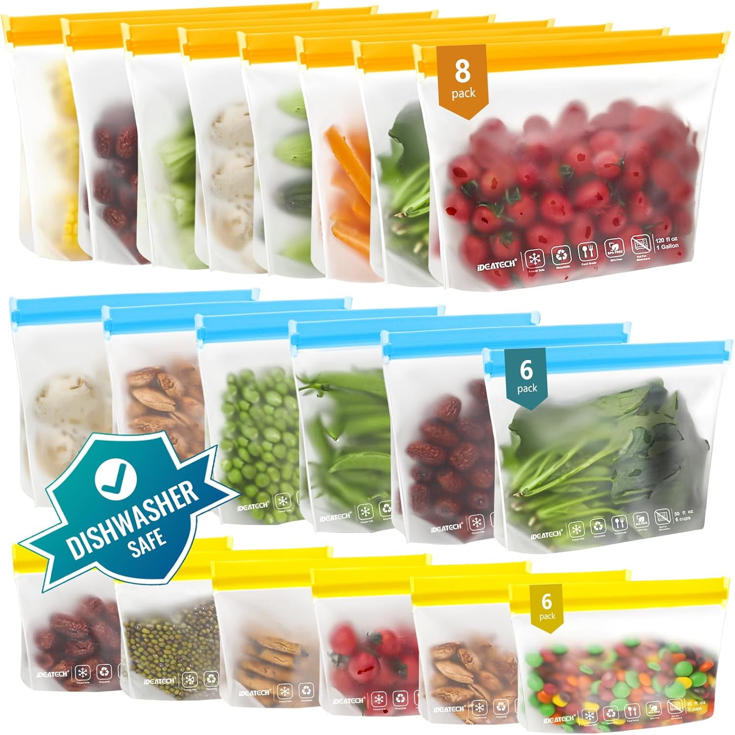 20Pack Reusable Bags Dishwasher Safe, Leakproof Reusable Freezer Bags ...