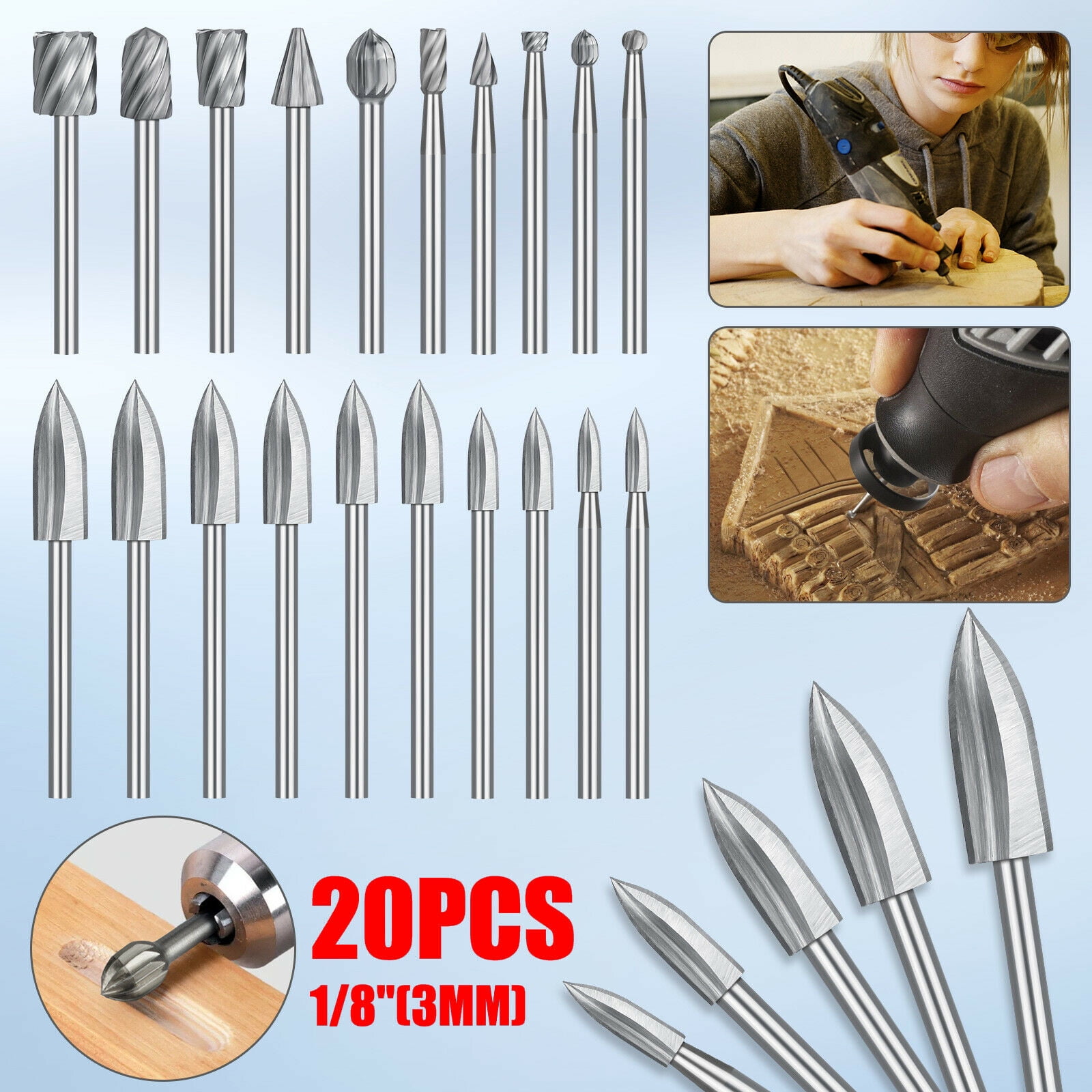 20Pc Wood Carving Engraving Drill Bits Set Milling Cutter For Dremel ...