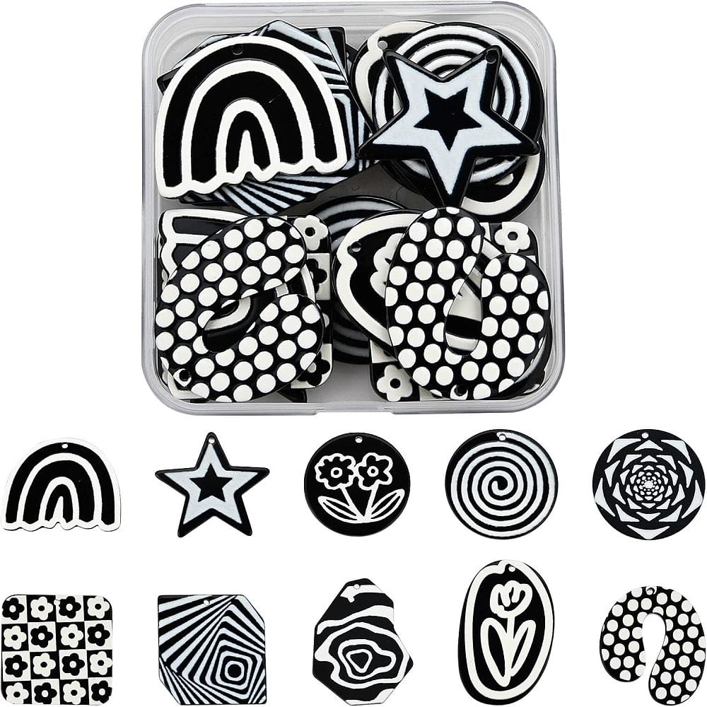 20Pcs 10 Style Opaque Acrylic Pendants Black White Mix Shaped Black ...