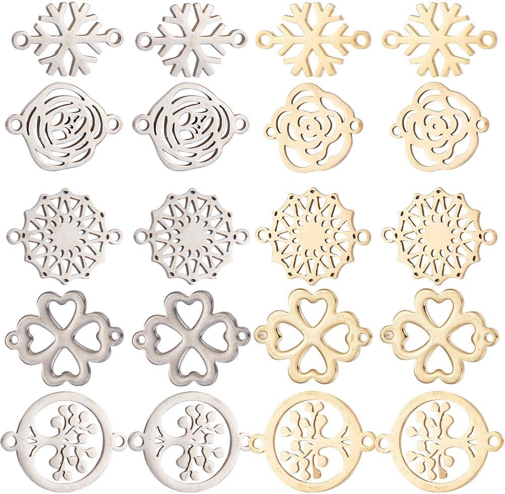 20Pcs 10 Styles 201 Stainless Steel Connector Charms Flower & Clover ...