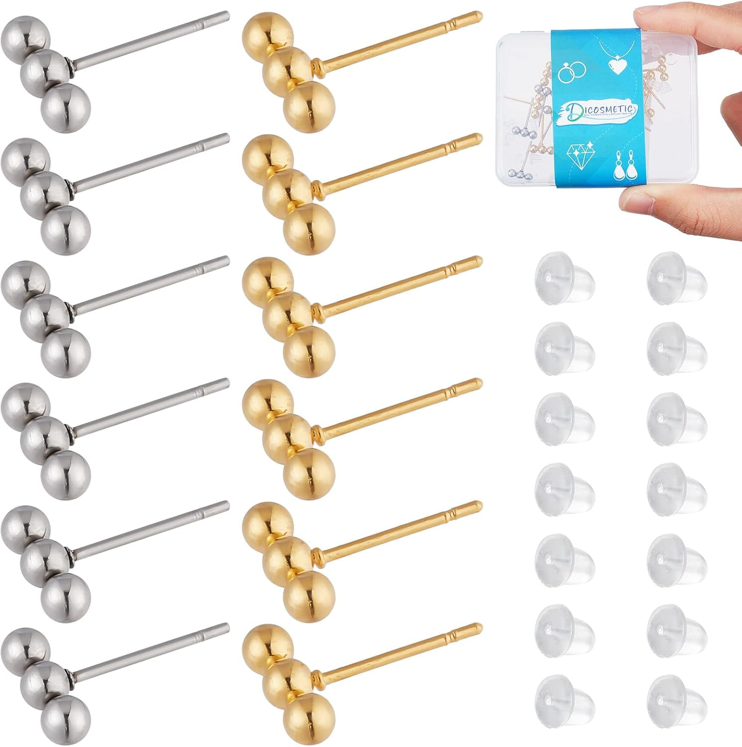 20Pcs 2 Colors 3 Dots Ball Stud Beaded Stud Earrings Stainless Steel Horizontal Bar Earring Post ...