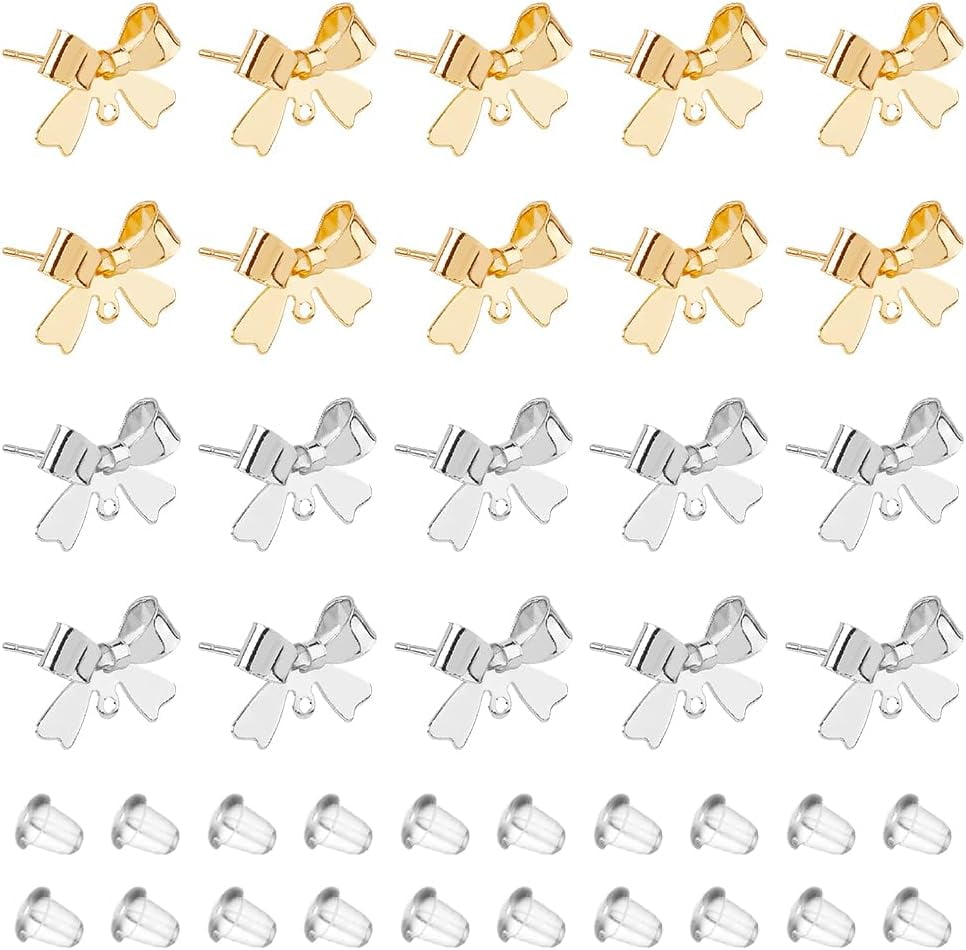 20Pcs 2 Colors Bowknot Stud Earrings Brass Stud Earring Findings with Loop Bow Dangle Earrings ...