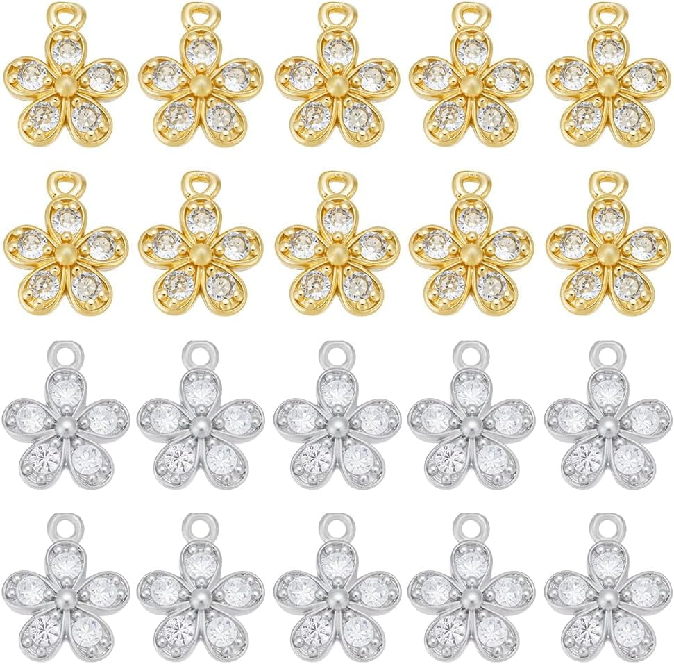 20Pcs 2 Colors Cubic Zirconia Flower Charms 10mm Brass Micro Pave 5 ...