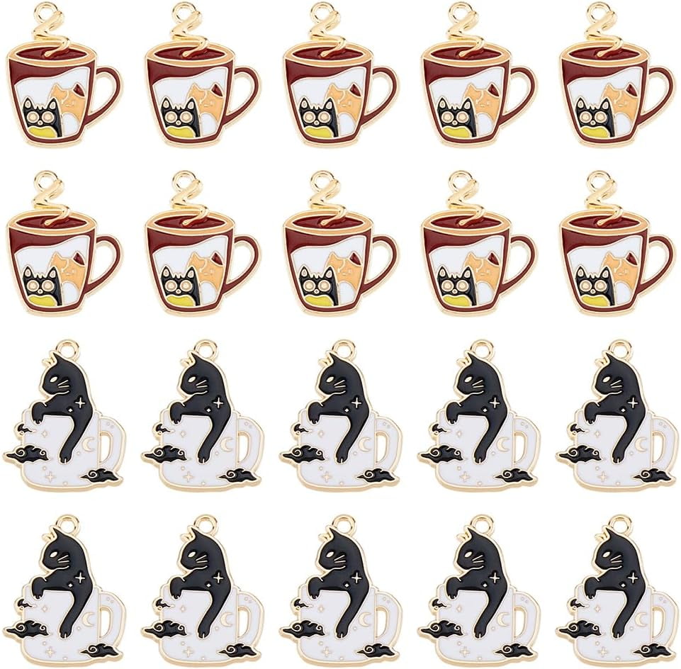 20Pcs 2 Styles Black Cat Charms Cute Enamel Cat Charms Light Gold Alloy ...