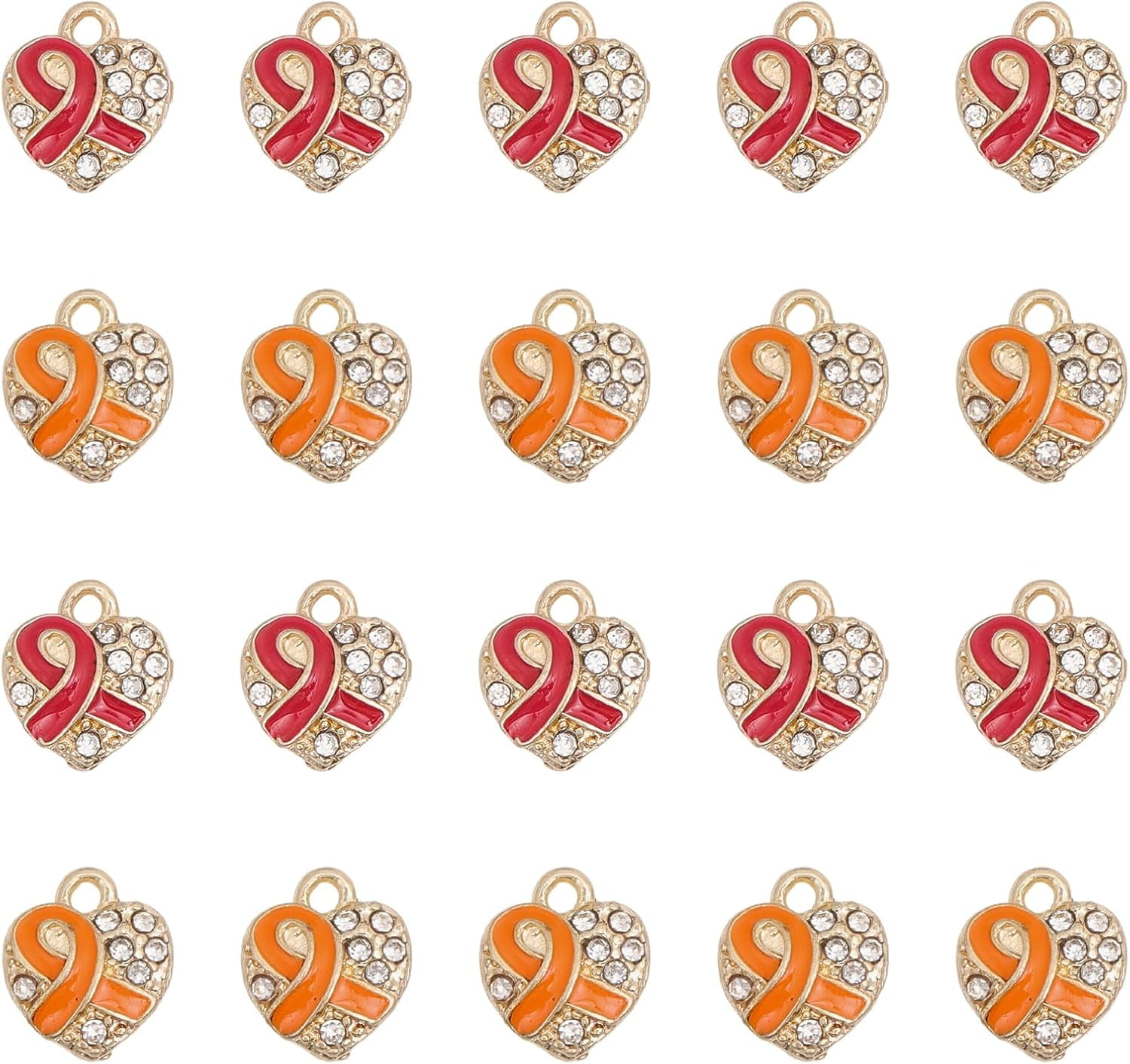 20Pcs 2Colors Heart Shape with Silk Ribbon Alloy Rhinestone Charms with ...