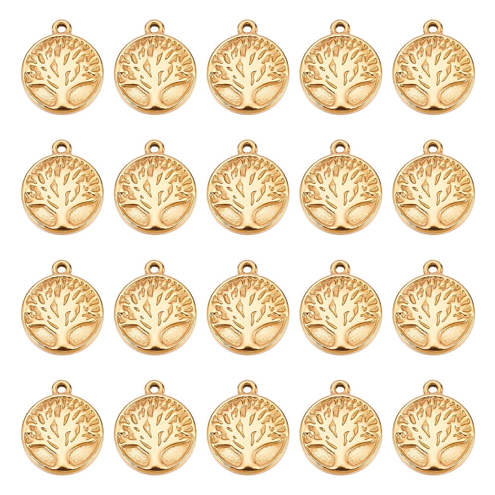 20Pcs 304 Stainless Steel Charms Flat Round with Tree of Life Golden 15 ...