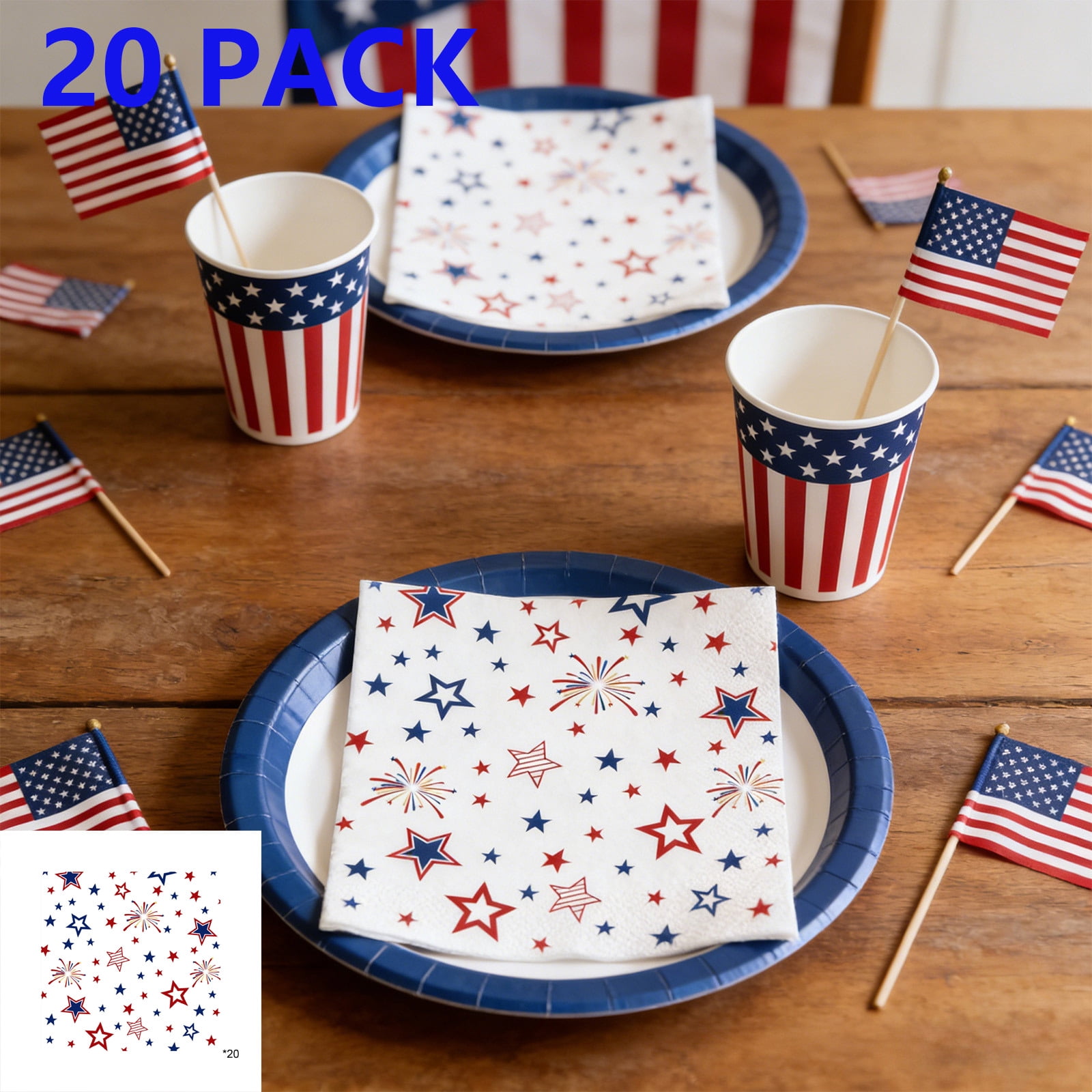 20Pcs 4th of July Patriotic Paper Napkins, Red Blue Star Firework ...