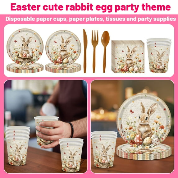 20Pcs 7" Easter Themed Disposable Tableware Kit, Adorable Bunny Egg ...