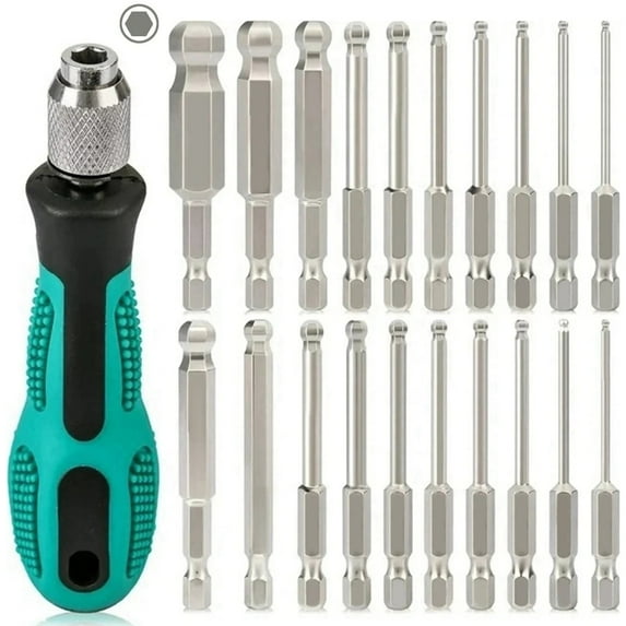 20Pcs Ball End Hex Head Allen Wrench Screwdriver Bit Set,1/4" Hex Shank Magnetic S2 Steel Hex ...