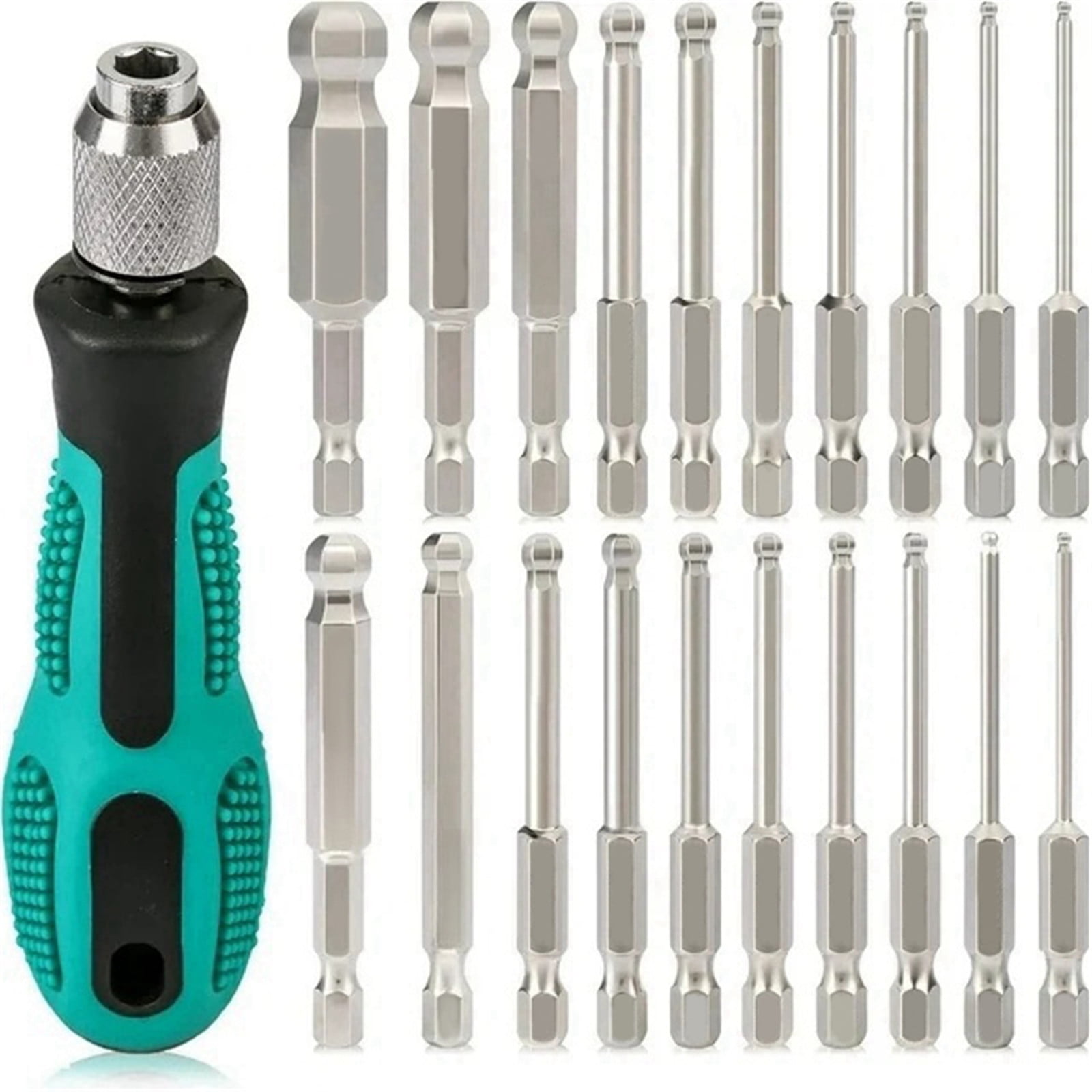 20Pcs Ball End Hex Head Allen Wrench Screwdriver Bit Set,1/4" Hex Shank Magnetic S2 Steel Hex ...