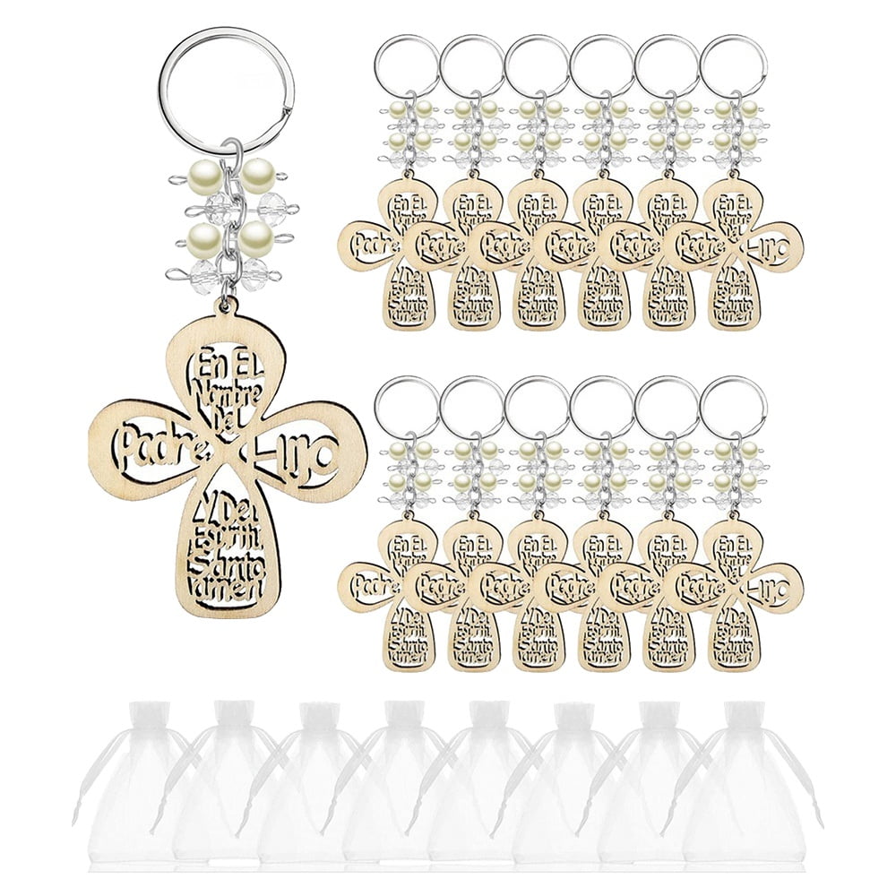 20Pcs Baptism Keychain, Wooden Key Ring with Yarn Bags, Rustic Portable ...