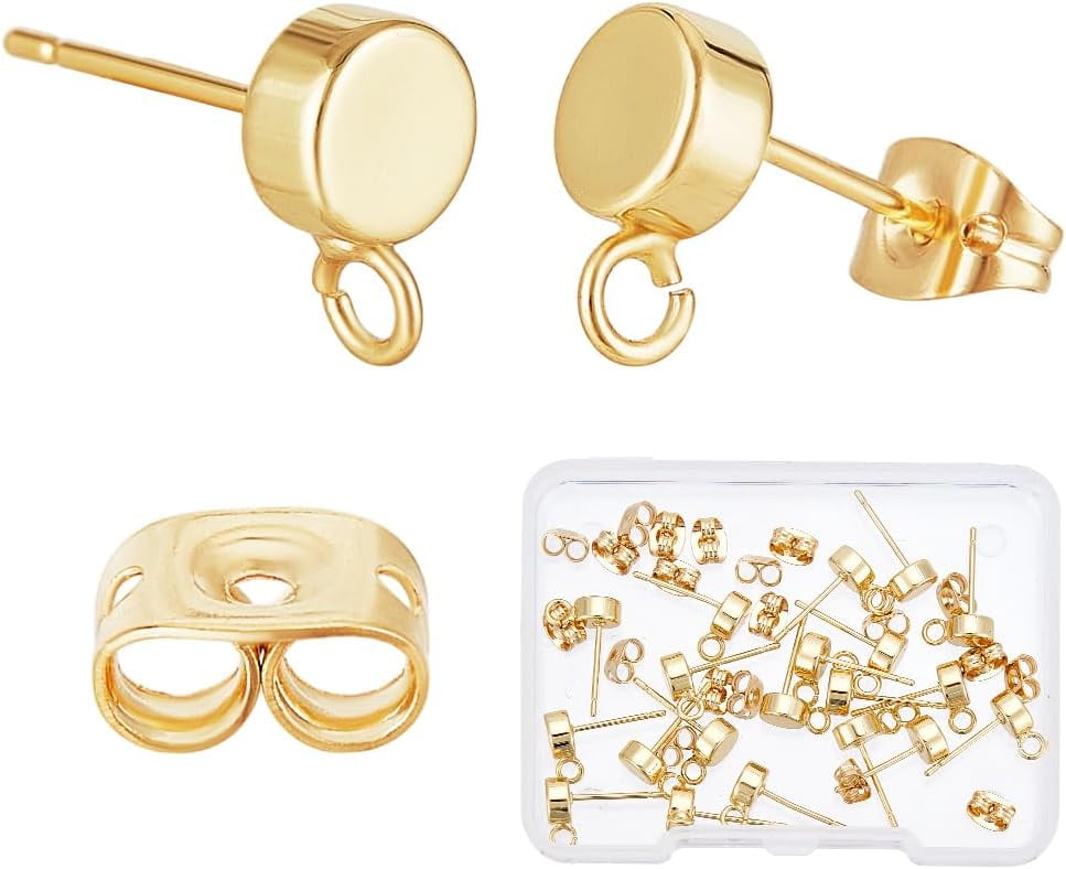 20Pcs Brass Stud Earring Findings with Loop Flat Round with Rack ...
