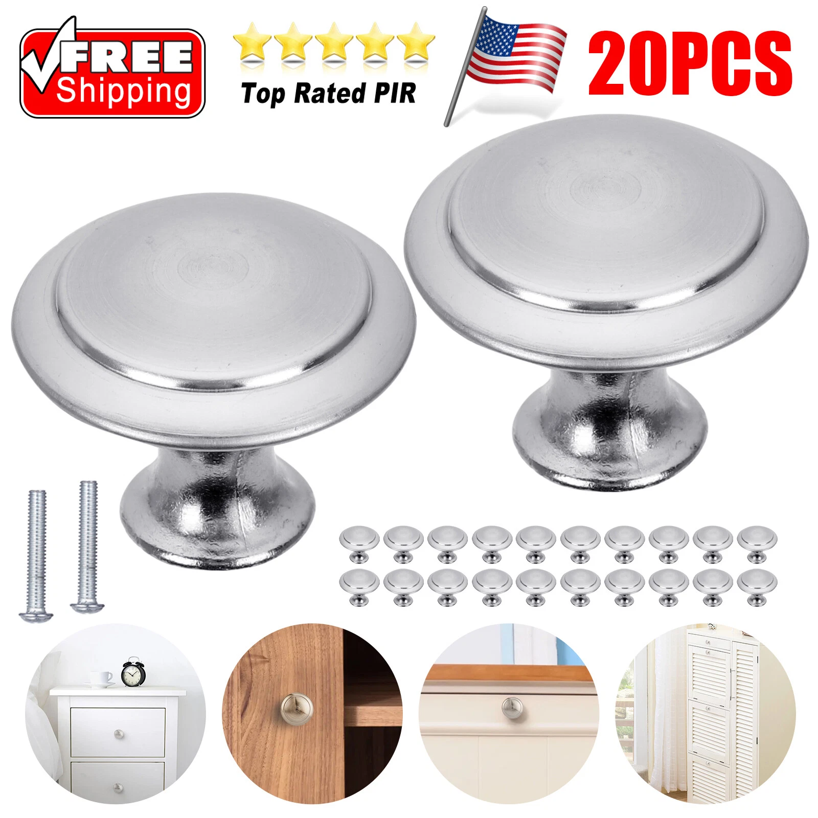 20Pcs Brushed Nickel Kitchen Cabinet Knobs Round Drawer Pulls Stainless ...