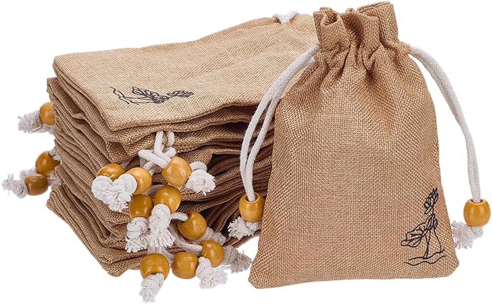 20Pcs Burlap Packing Pouches Drawstring Bags with Wood Beads Rectangle ...
