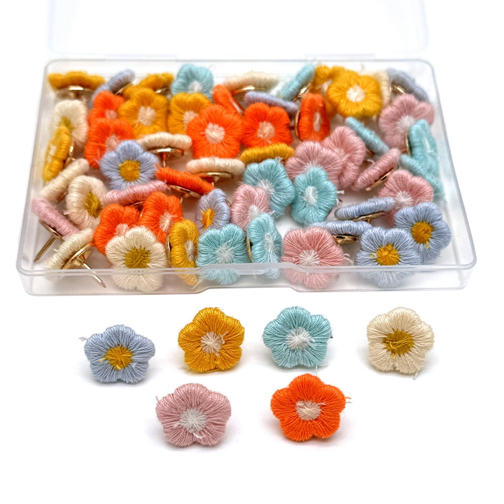 20Pcs Decorative Pushpins with Storage Box Mini Embroidery Flower Thumb ...