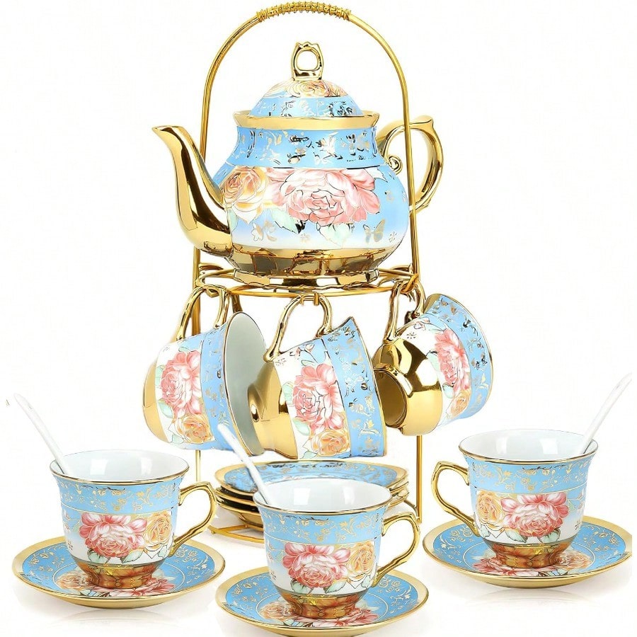 20Pcs European Ceramic Tea Set with Metal Stand Porcelain Vintage ...