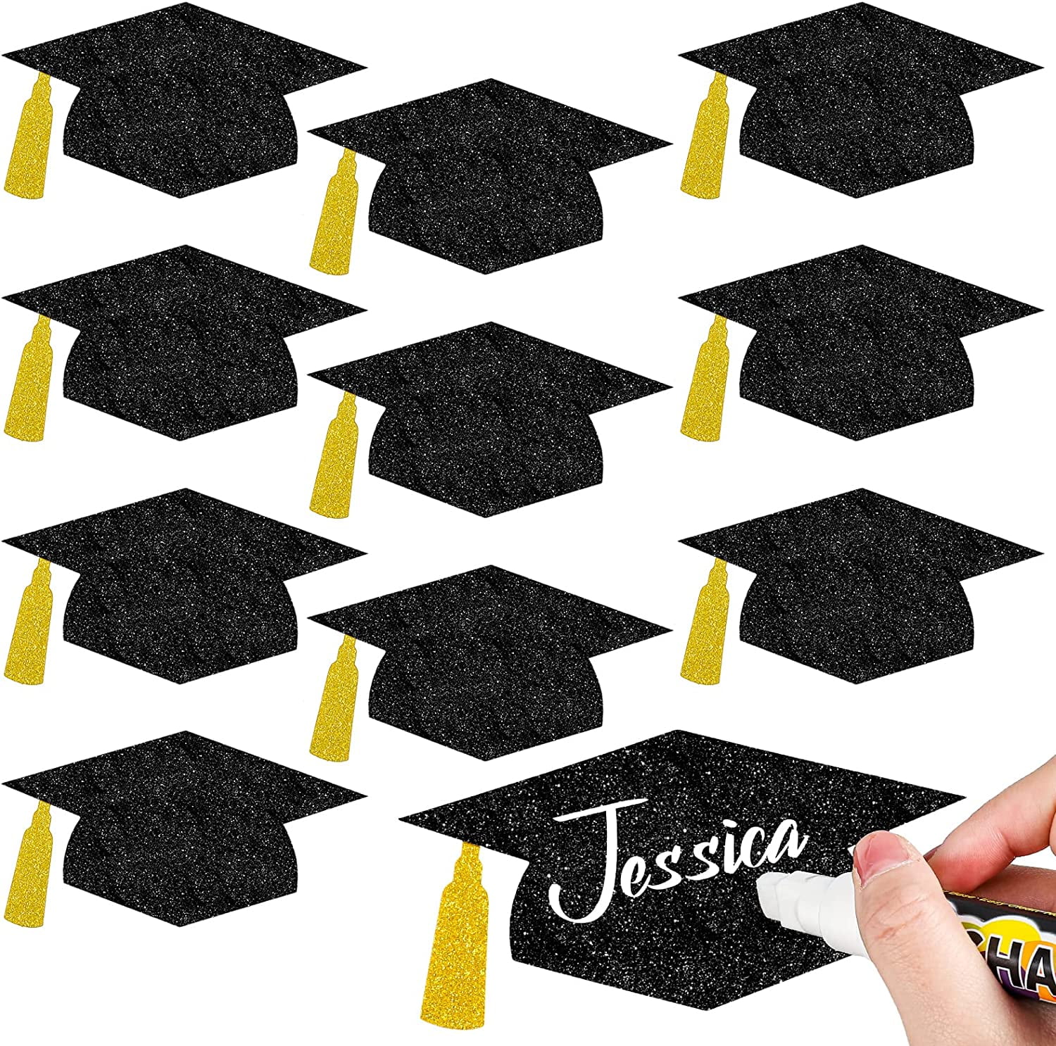 20Pcs Grad Caps Cutouts Glitter Black Gold 2025 Graduation Hat Cutouts ...