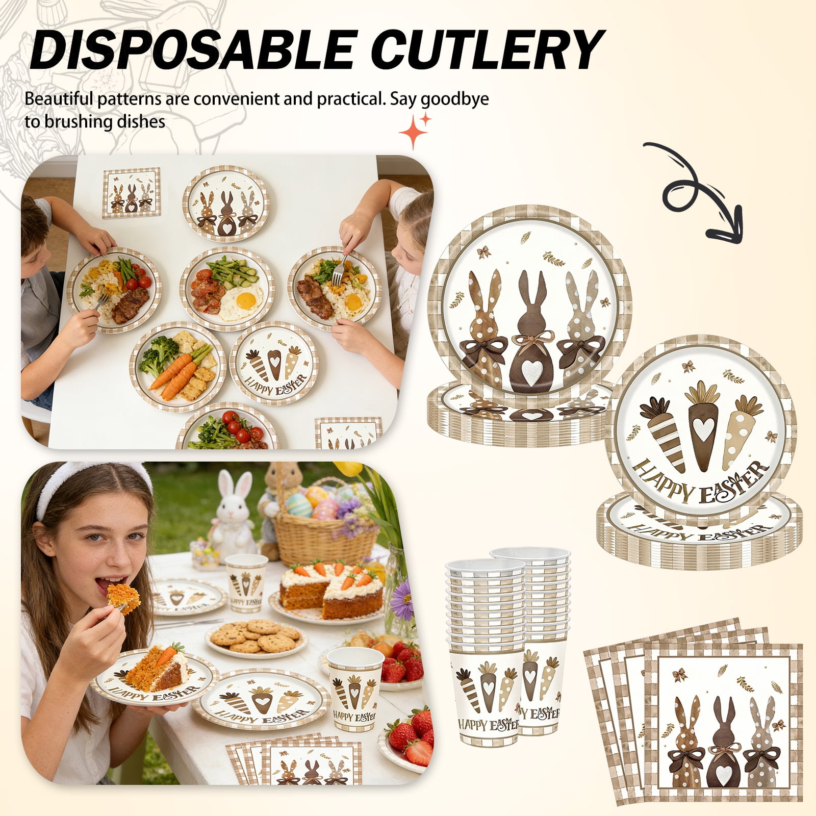 20Pcs Happy Easter Vintage Bunny Disposable Paper Plates Cups Napkins ...