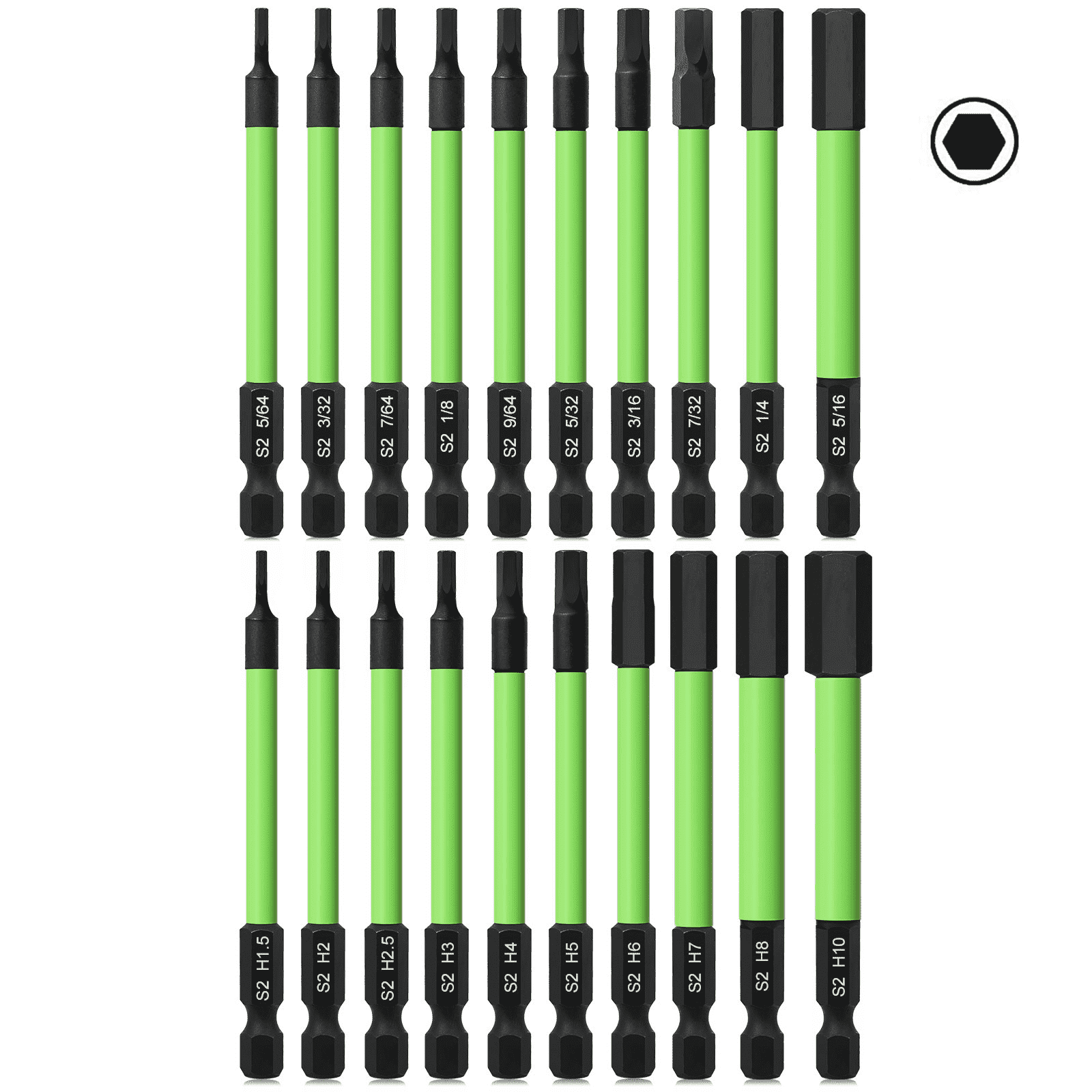20Pcs Hex Head Impact Driver Bit Set, Metric 1.5mm to 10mm and SAE 5/64 ...