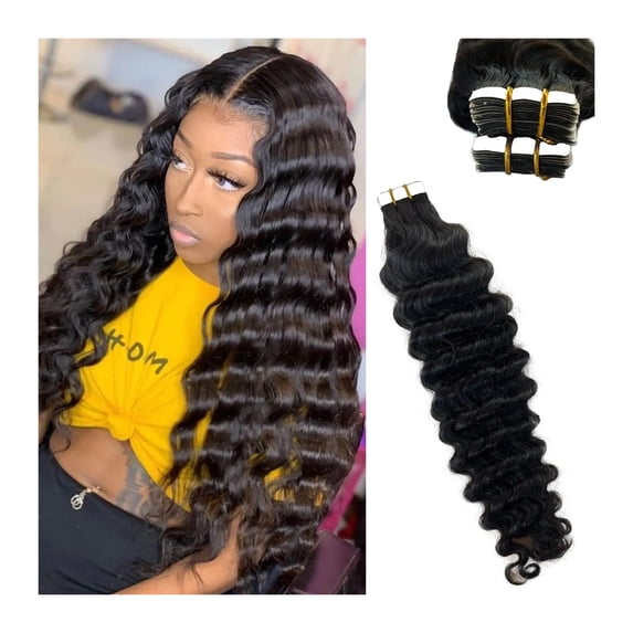 20Pcs Human Hair Curly Tape in Extensions,16-26 Inch Deep Wave Natural ...