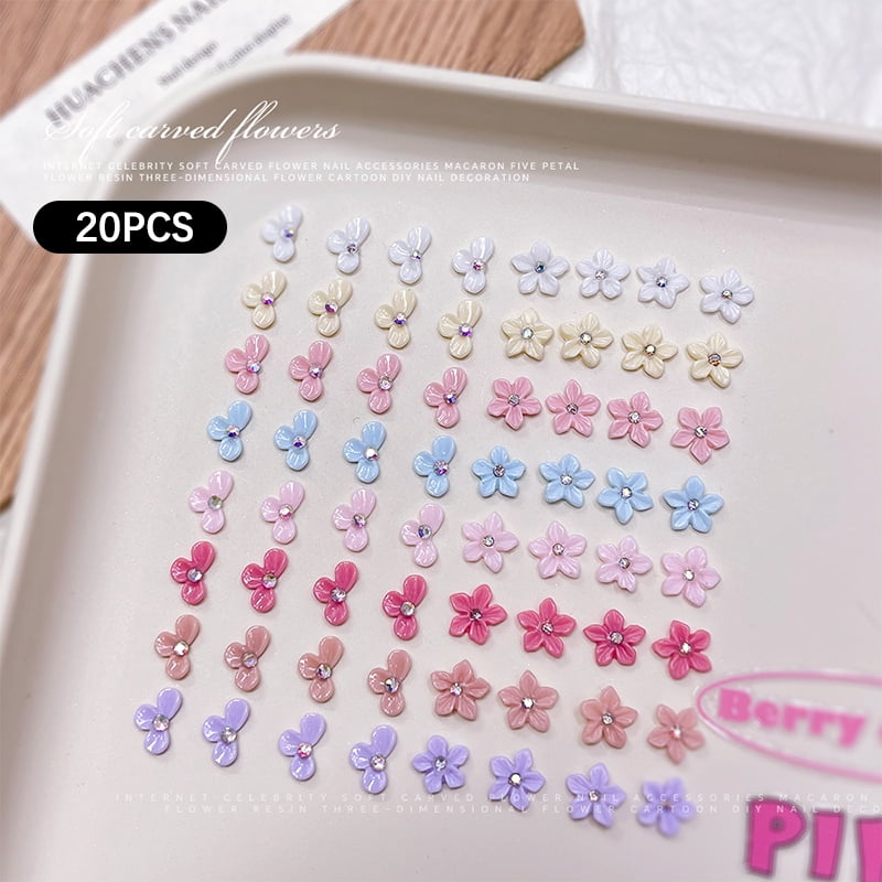 20Pcs Macaron Colored Resin Five-Petal Flower Nail Art Decorations Summer Freshness Soft ...