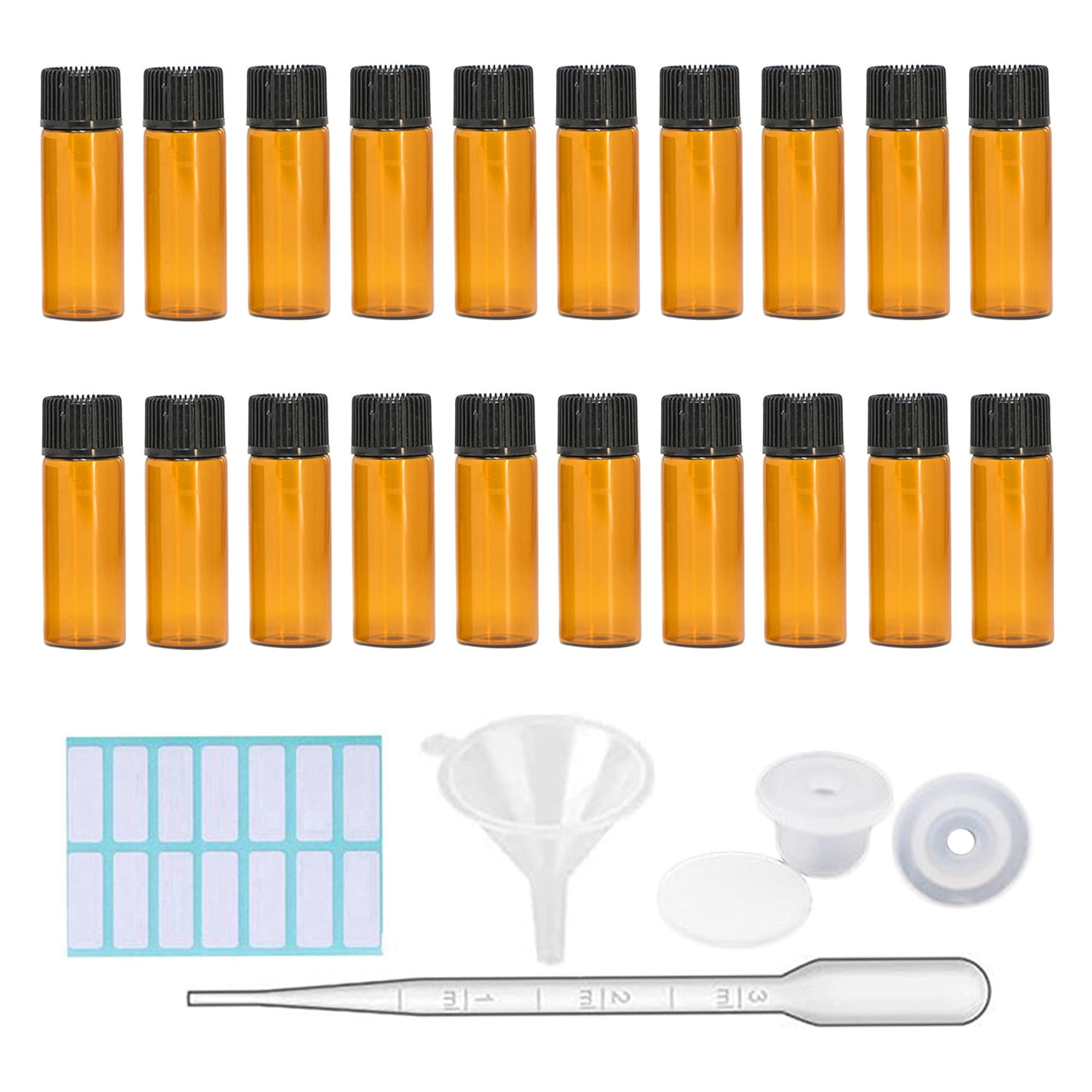 20Pcs Mini Amber Glass Bottles With Central hole Plugs Black Caps ...