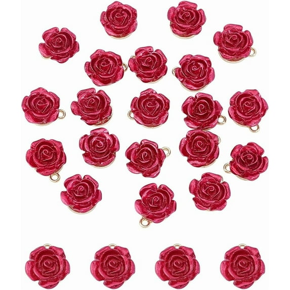 20Pcs Opaque Resin Rose Pendants Gold-Plated Alloy Painted Flower Red ...