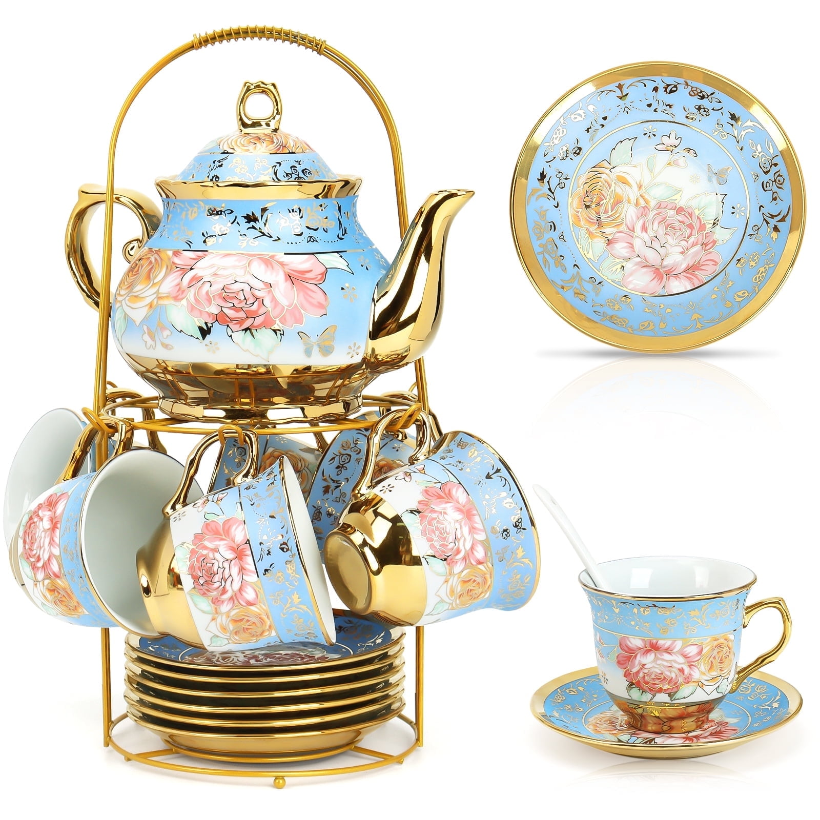 20Pcs Porcelain Tea Set Coffee Set, Ceramic Vintage Tea Set with Metal ...