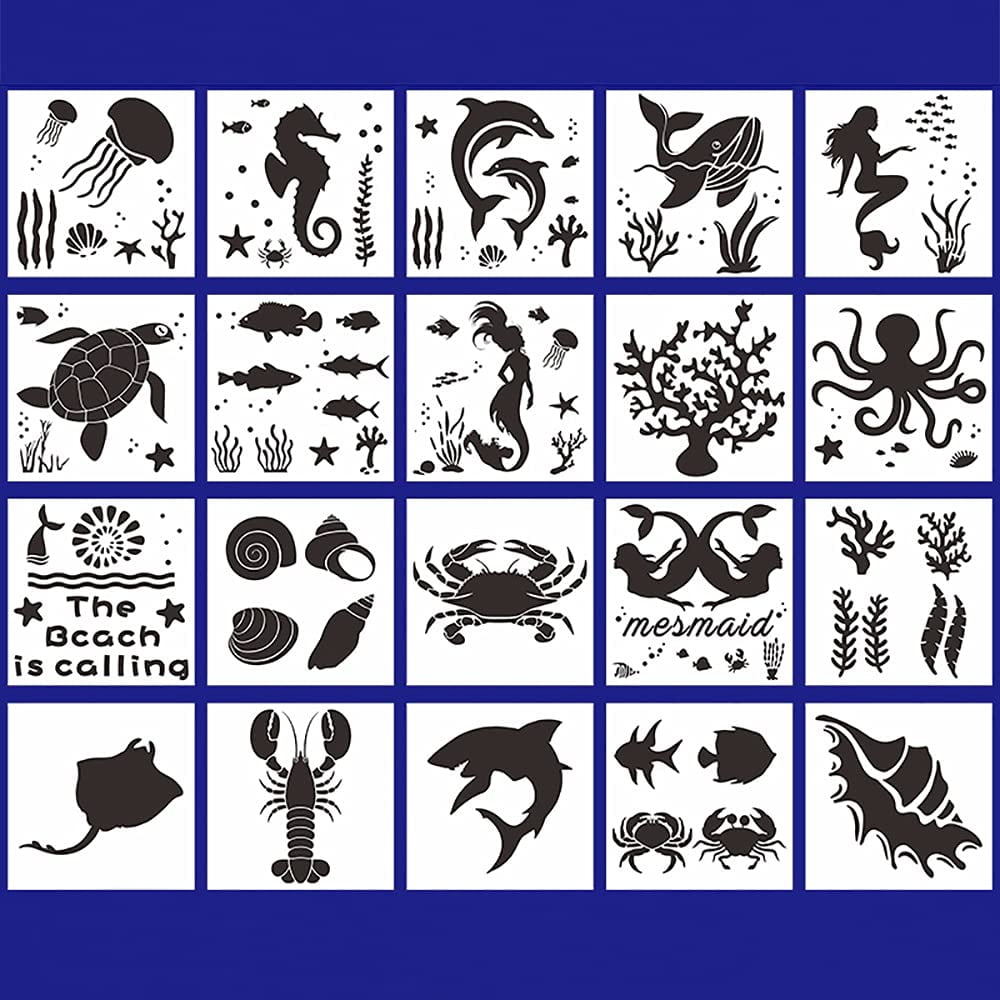 20Pcs Sea Ocean Creatures Stencils Under The Sea Painting Stencils Plastic Sea Animal Drawing ...