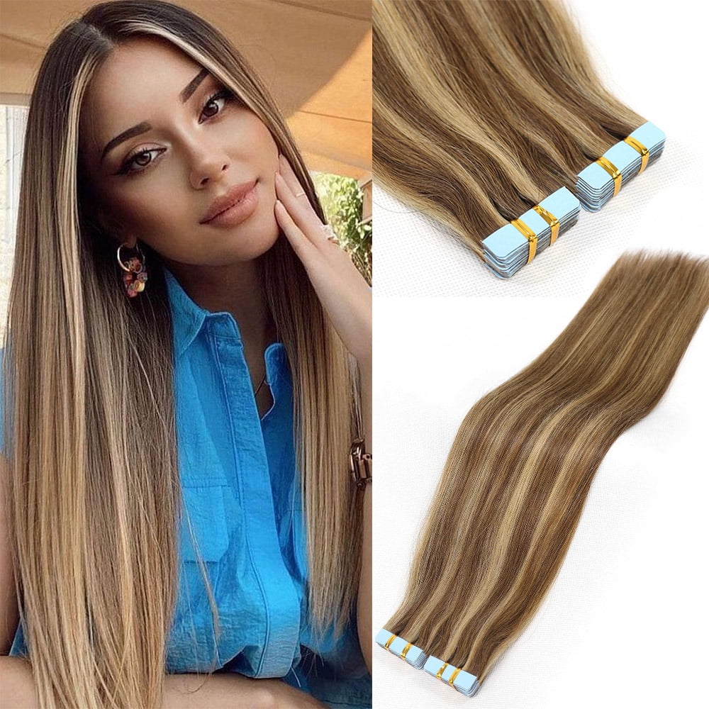 20Pcs Tape In Hair Extensions Real Human Hair 20Inch 4/27 Highlight ...