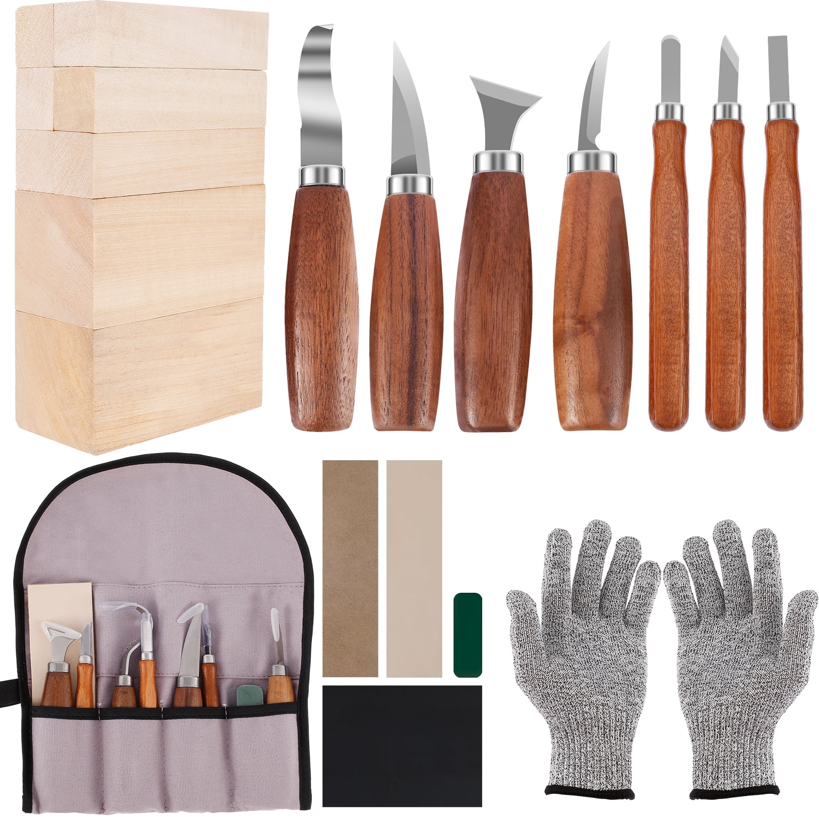 20Pcs Wood Carving Kit Wood Whittling Tools with Basswood Gloves Wax ...