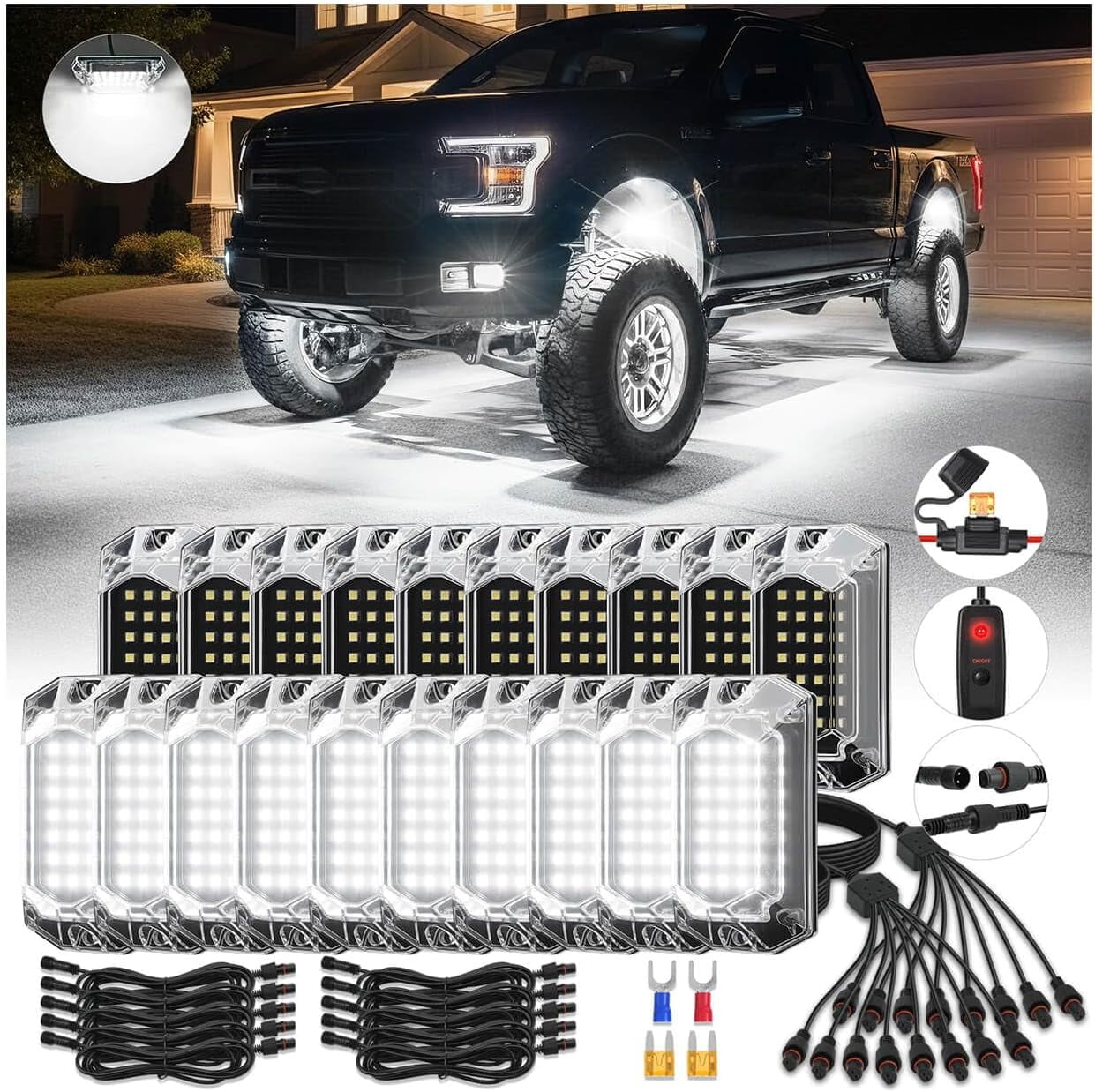 20Pods Full Angle All Pure Wite LED Rock Ligts Kit Plug and Play 6500K ...