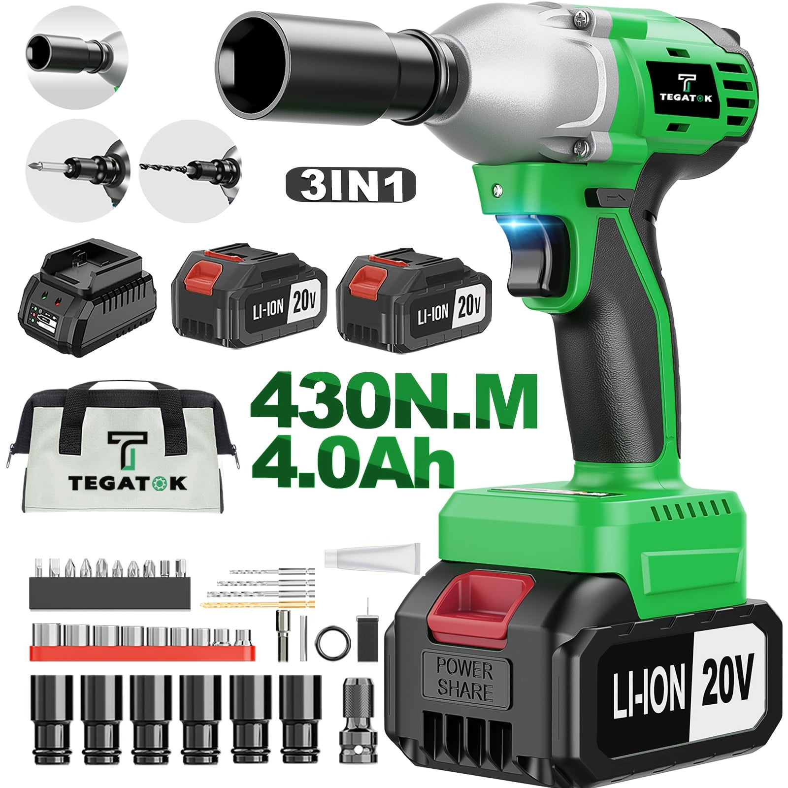 20V 2000/4000mAh Cordless Impact Wrench, 3-in-1 Brushless Power Impact ...