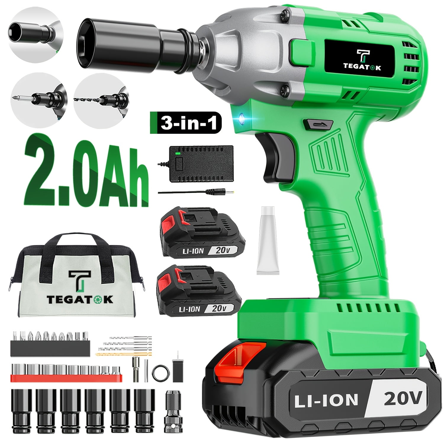 20V 2000/4000mAh Cordless Impact Wrench, 3-in-1 Brushless Power Impact ...