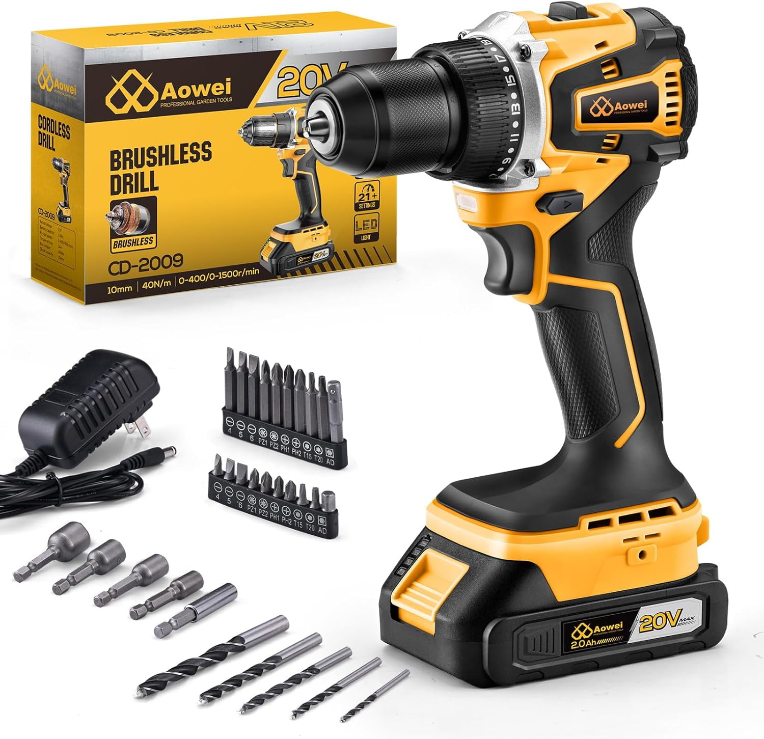 20V Brushless Cordless Lithium-Ion Drill Set, Compact Design, Yellow ...