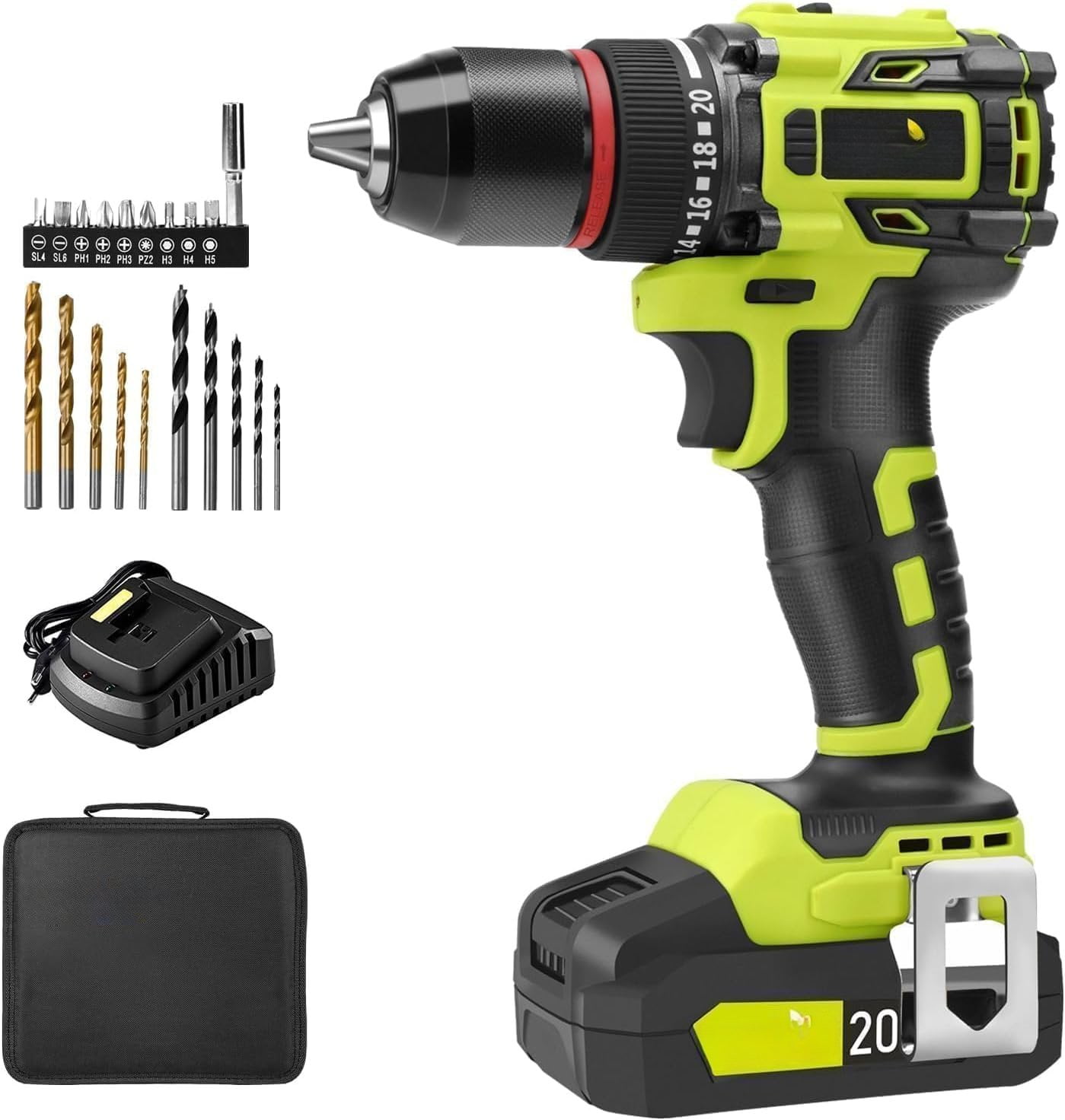 20V Cordless Brushless Drill Driver, 1/2" Compact Power Drill Set with ...