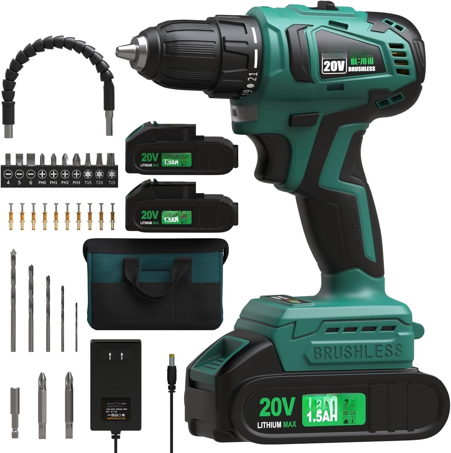 20V Cordless Brushless Power Drill Set with 2 and ,3/8-Inch Chuck Drill ...