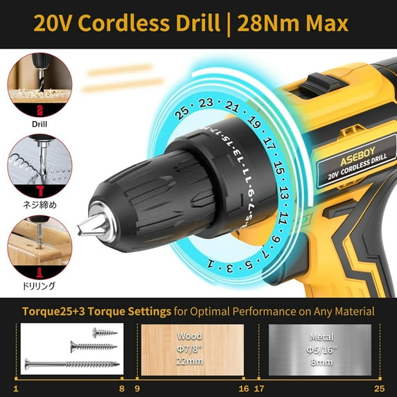 20V Cordless Drill with 3/8" Keyless Chuck, 2 Battery and Charger, 25+3 ...