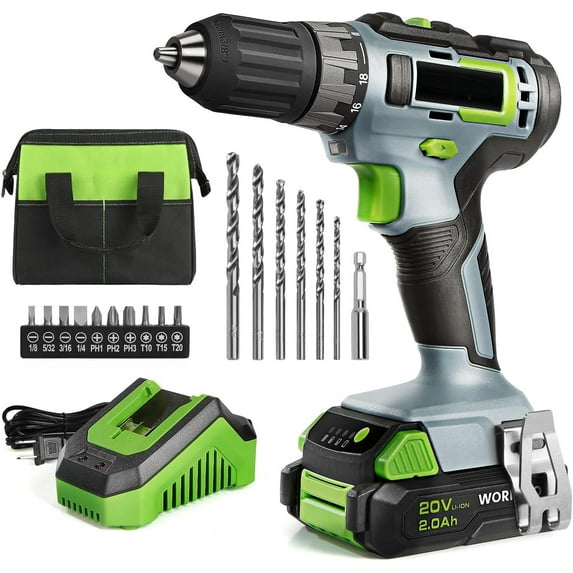 20V Cordless Drill Driver Kit, 3/8'' Keyless Chuck, 2.0 Ah Li- , 1 Hour ...