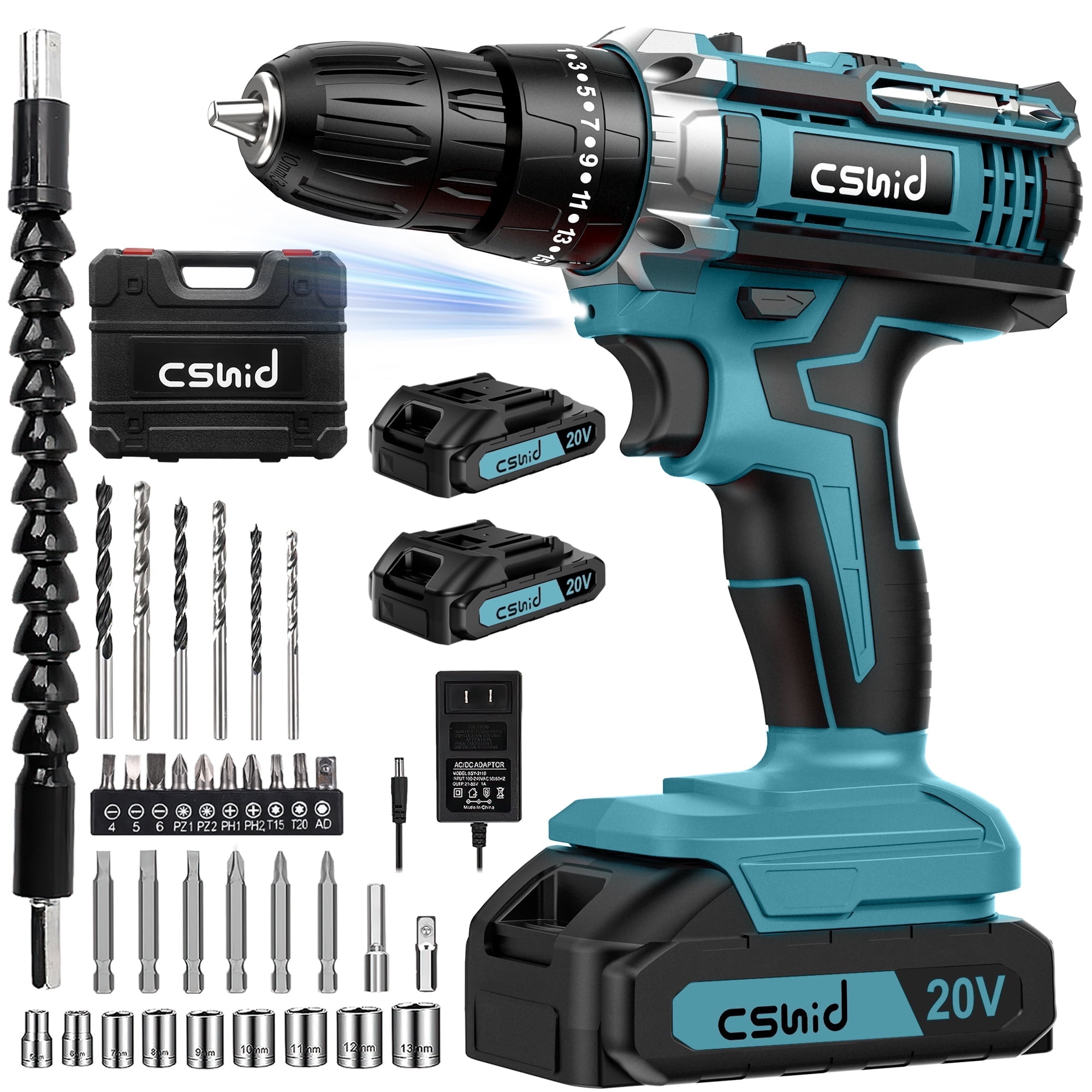Cshidworld 20V Cordless Drill, Electric Power Drill Set with 2 Battery ...
